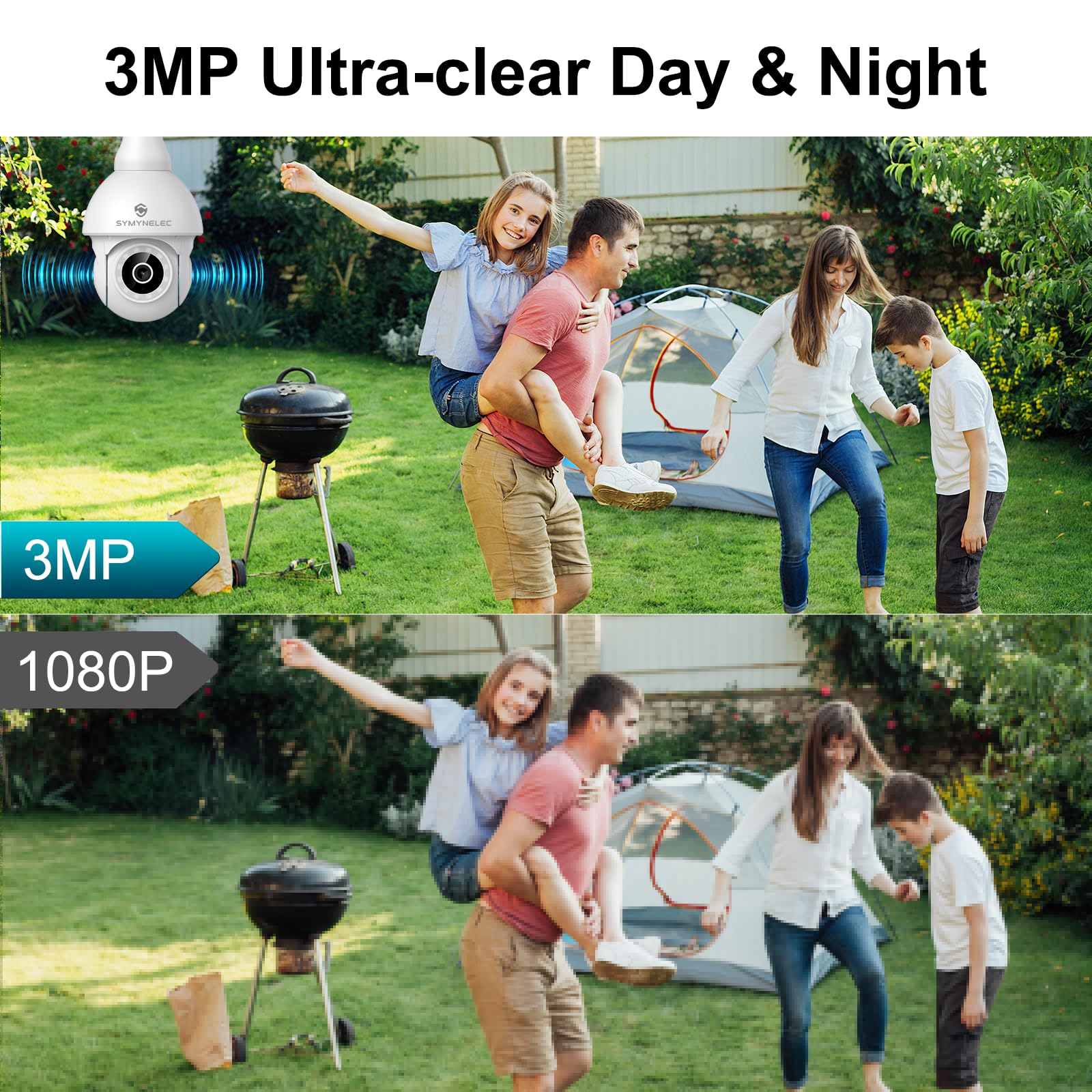 SYMYNELEC Light Bulb Security Camera Outdoor Waterproof, 2K 4MP 2.4GHz Wireless WiFi Light Socket Security Cam 360 Motion Detection Tracking Color Night Vision 2 Way Talk Works with Alexa (Black)