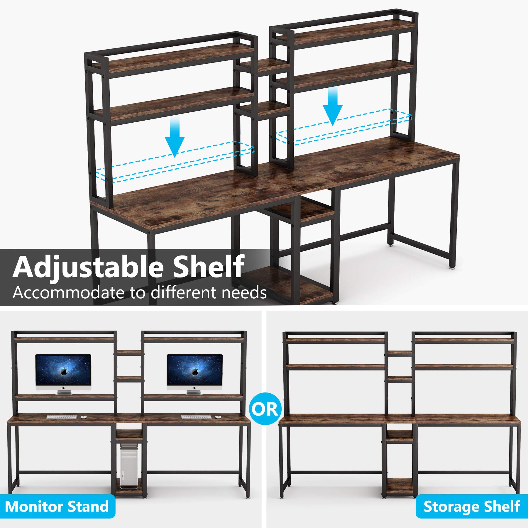 Tribesigns 90.5 inches Computer Desk with Hutch, Extra Long Two Person Desk Double Workstation with Storage Shelves, Large Office Desk Study Writing Tabl with Tower Shelf for Home Office, Rustic Brown