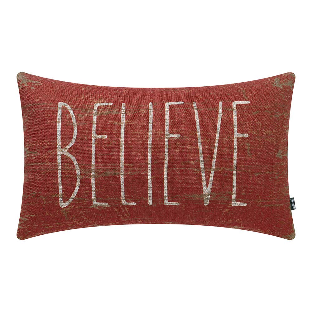 TRENDIN Merry Christmas Throw Pillow Cover 20 x 12 mas Decorations Cotton Linen Winter Red Believe Season Holiday Cushion Cover for Christmas Decor Sofa Couch PL593TR