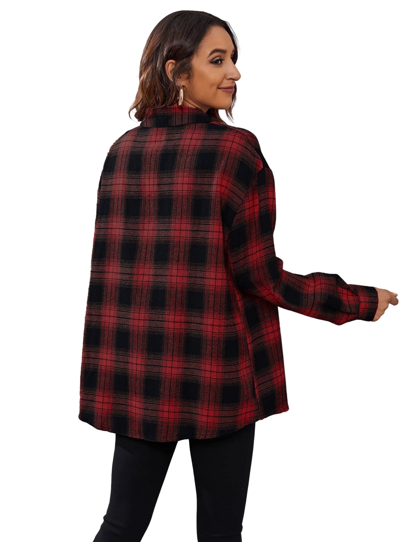 SweatyRocks Women's Plaid Button Front Long Sleeve High Low Shirt Blouse Top Black Red Plaid S