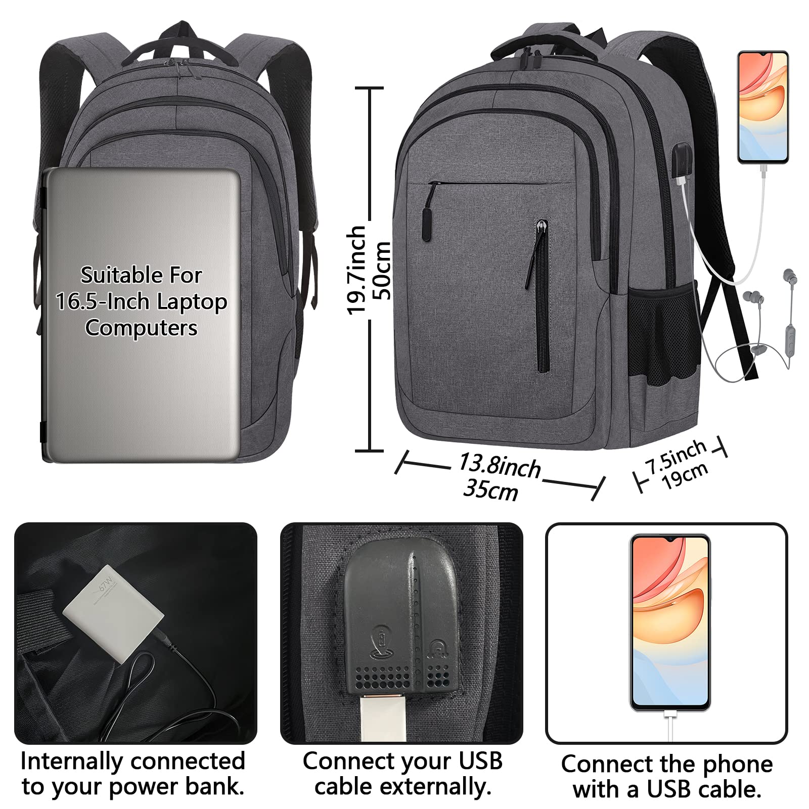Wesoke Laptop Backpack for Men, 17.3 Inch Travel Backpacks BookBag with Laptop Compartment, Water Resistant Business Work Casual Computer Daypack with USB Charging/Headphone Port, Dark Grey