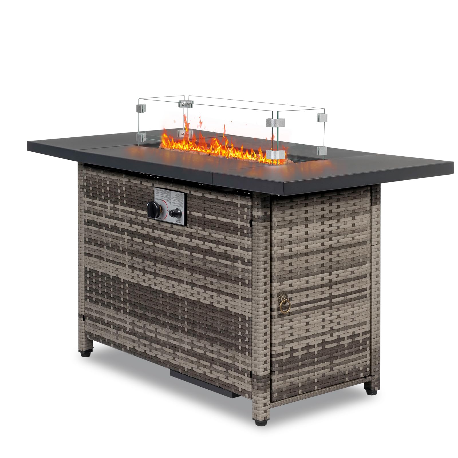 Propane Fire Pit Table, Outdoor Gas Fire Pit Rectangle 50000 BTU, 43 Inch Fire Table for Outside Patio with Auto Ignition, Aluminum Tabletop, Glass Wind Guard, Cover, Beige Wicker