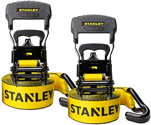 STANLEY S1007 Black/Yellow 1.5" x 16' Ratchet Tie Down Straps - 1,100 lb Safe Working Load / 3,300 lb Break Strength, 2 Pack