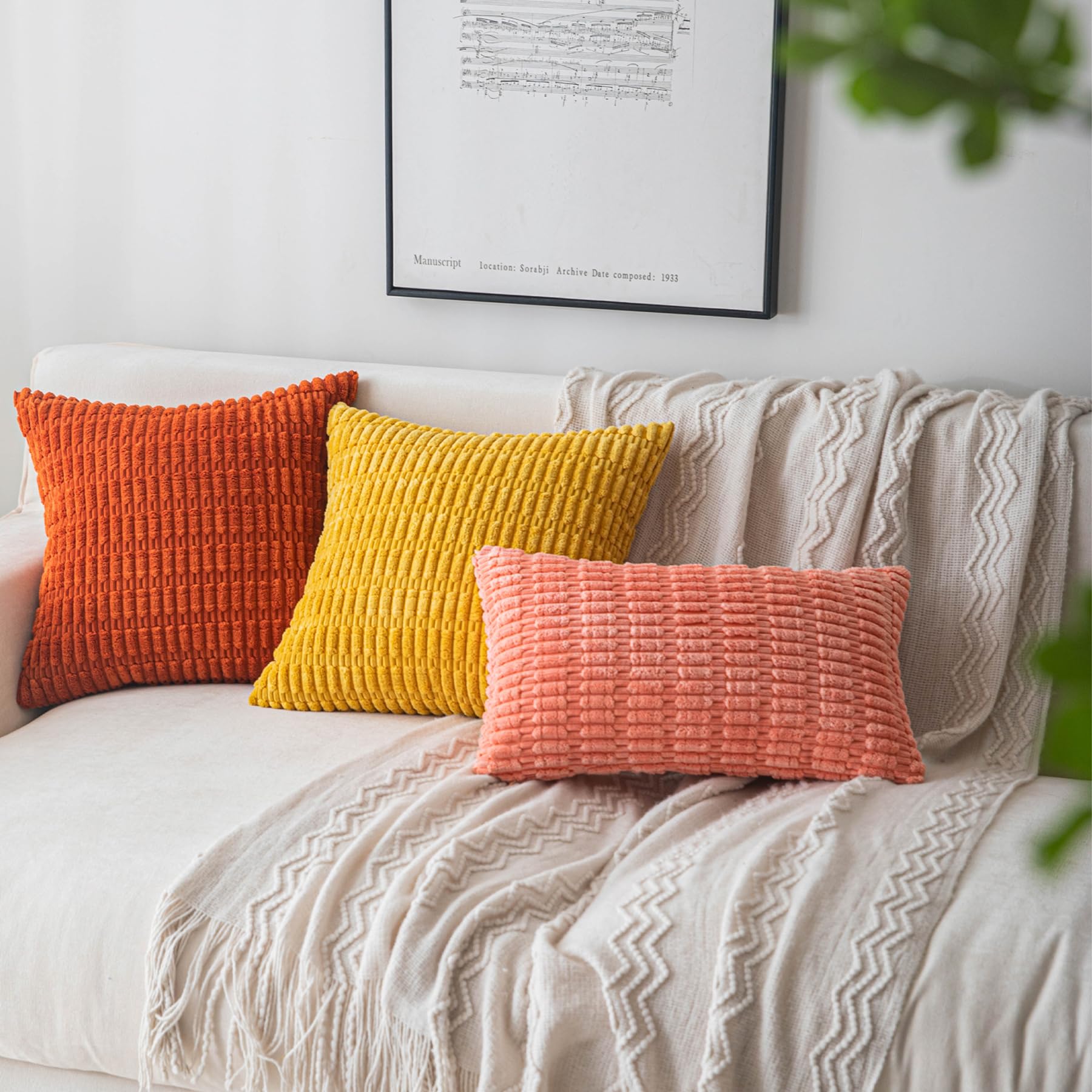 SHITURRE Decorative Throw Pillow Covers for Couch Bed Sofa Livingroom, Sage Green Square Cushion Covers Corduroy Striped Pillowcases for Boho Home Décor(18"x18", 2 Packs)