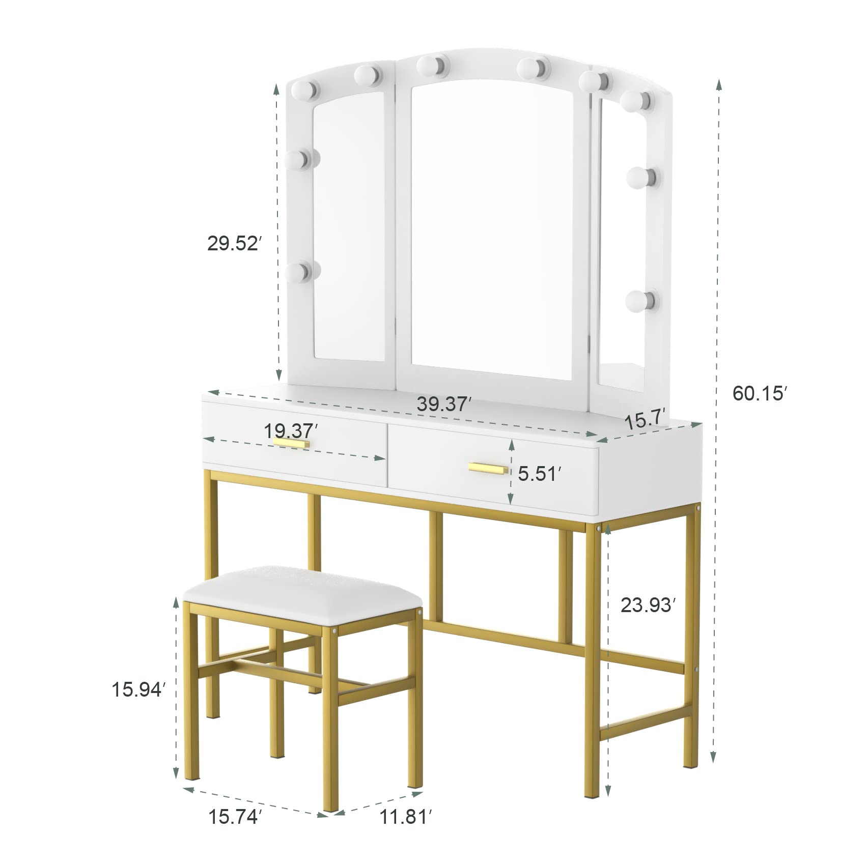 Semiocthome White Vanity Mirror with Lights and Table Set with 2 Drawers, 10 LED Lights Makeup Vanity Desk with Stool, Make Up Vanity Mirror lit with Gold Frame Dressing Table and Chair Upgrade-White