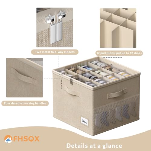 Shoe Organizer for Closet with Fabric Shoe Storage Bins - Clear Cover, Adjustable Dividers, and Foldable Bottom Support for 12 Pairs in Clear Storage Containers (Beige, (15.7 * 15.4 * 12.6) x1)