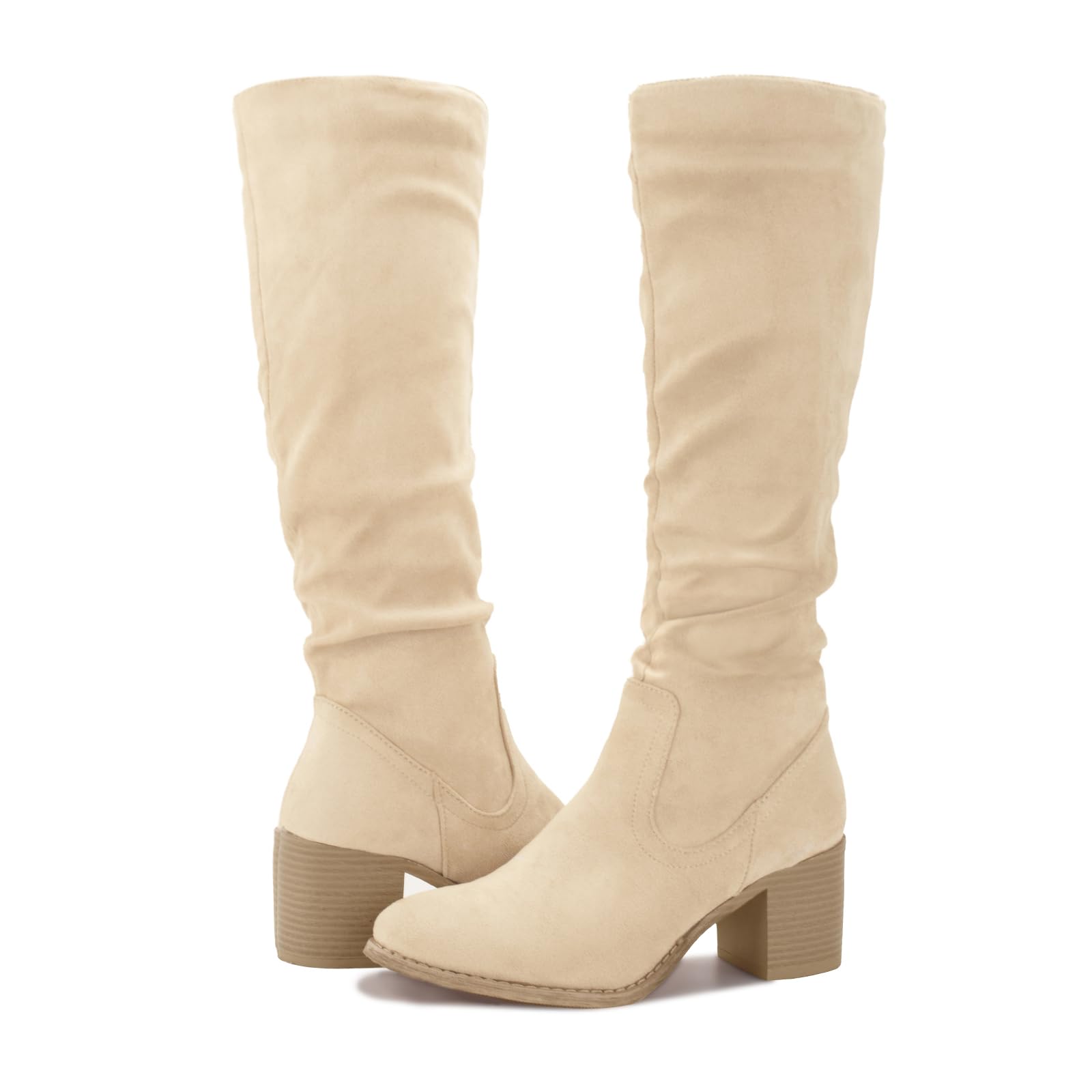 Shoe'N Tale Womens Knee High Boots Chunky Heel Pointed Toe Suede Slouchy Boots with Side Zipper(8.5,Beige)
