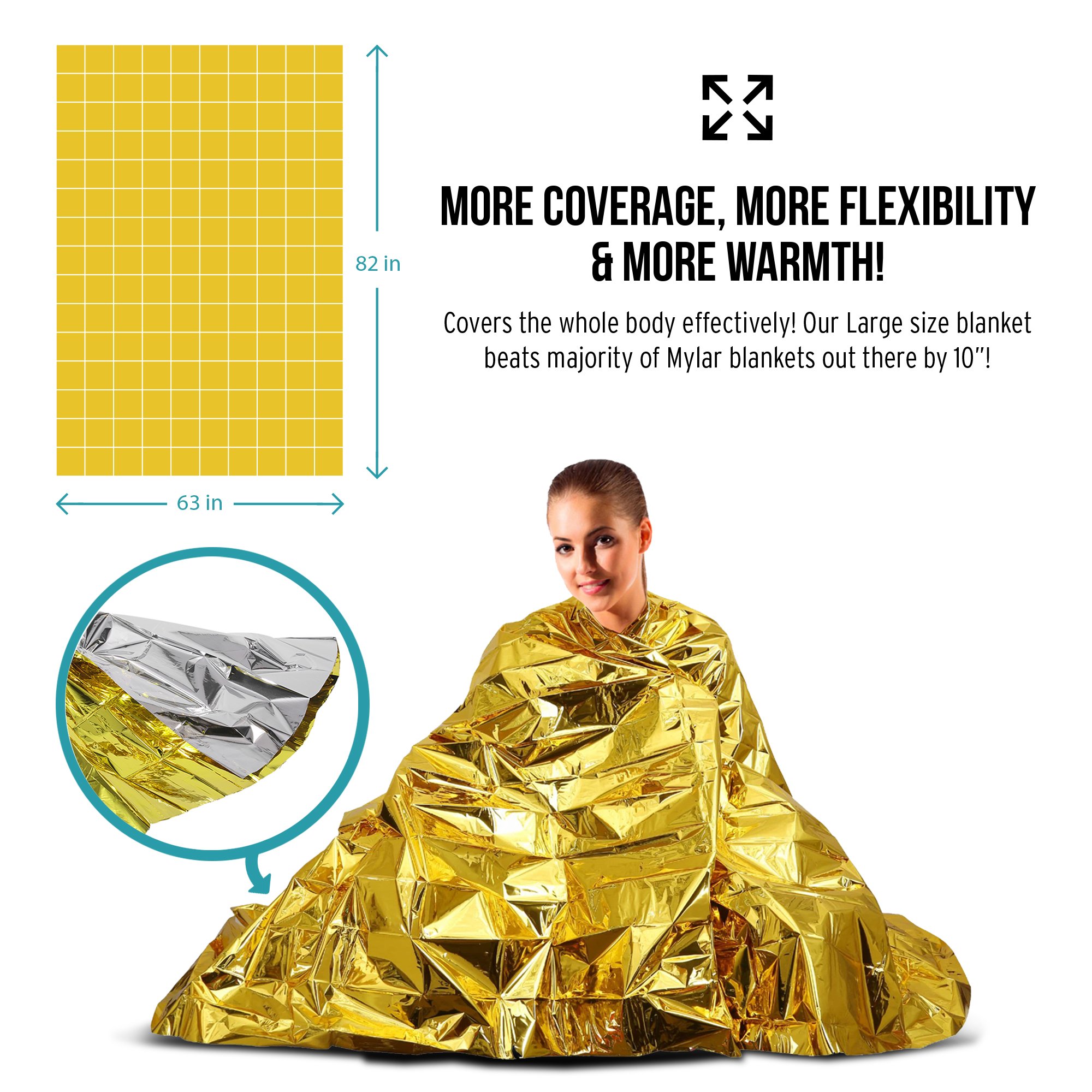 TEBRION 8 Packs Extra Large - 63β x 82β Double Sided Emergency Thermal Foil Authentic Mylar Space Blankets Designed for NASA - Perfect for Bug Out Bag, Survival Kit, Camping, Auto, Outdoors