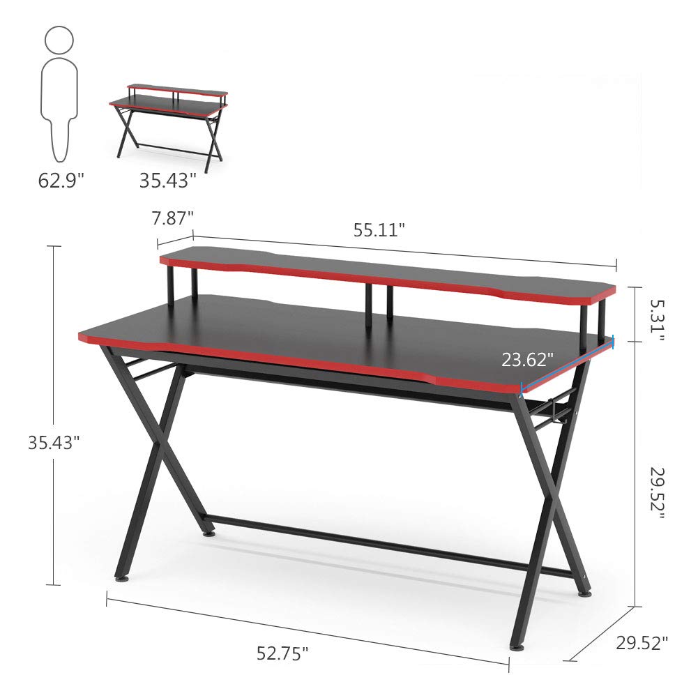 Tribesigns 55 inch Large Gaming Desk for 2 Monitors, Ergonomic PC Gaming Table Gamer Computer Desk with Monitor Stand and Headphone Hook for Home Office