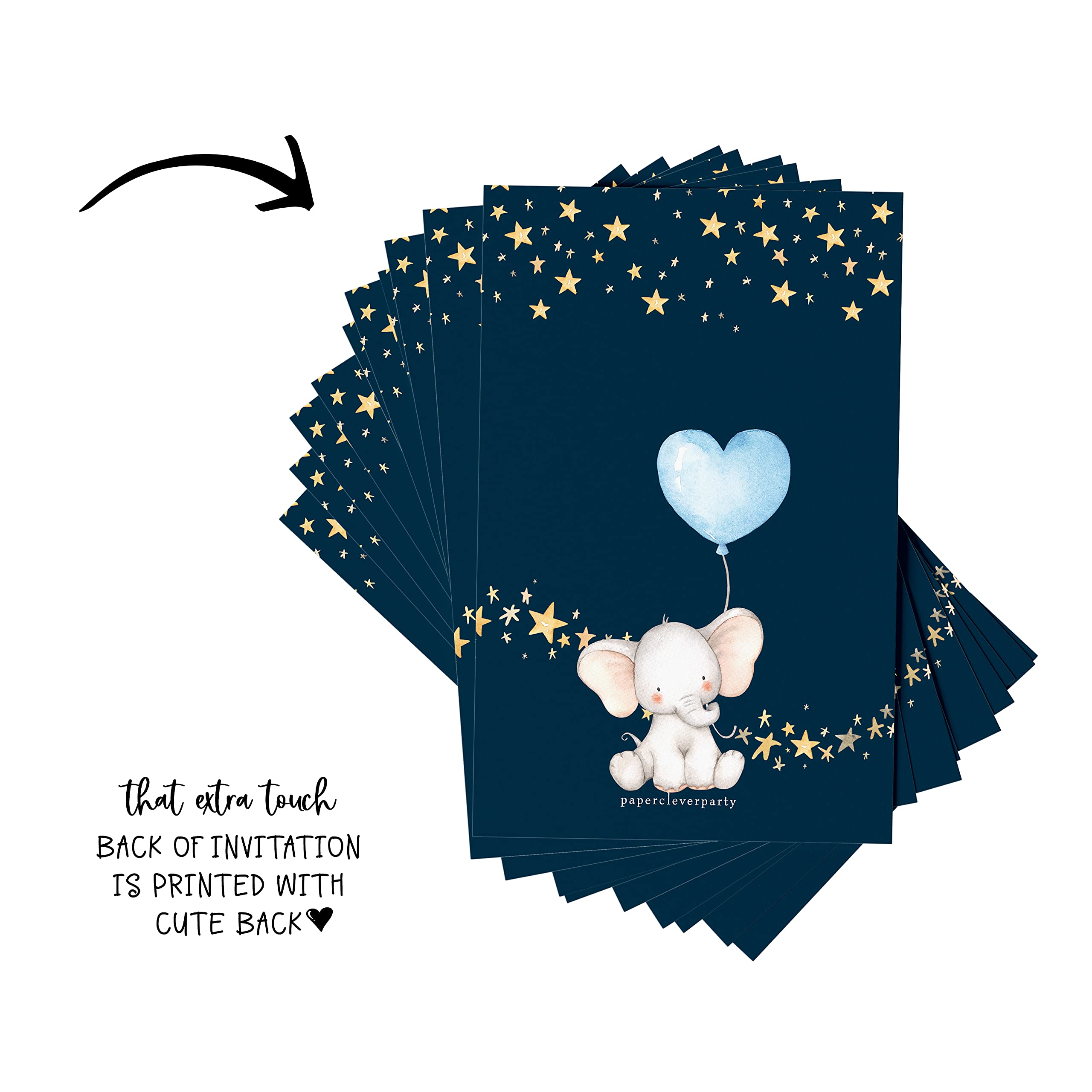Star and Elephant Invitations with Envelope Pack of 15 – Blank Invites for Boys Baby Shower, Reveal, Sprinkle – Twinkle Starry Moon Event Designs Blue – Printed 4x6 Size Card Set - Paper Clever Party