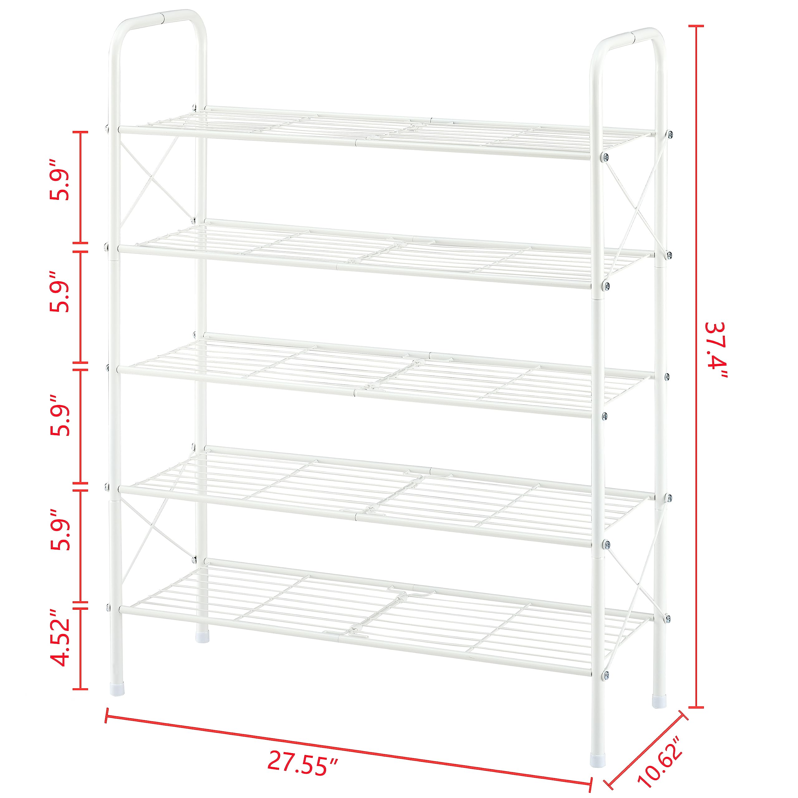 Tajsoon 5-Tier Freestanding Shoe Rack Organizer, Adjustable & Expandable Shoe Storage Shelf for Entryway, Metal Wire Grid with X Shape Fixed Frame, White