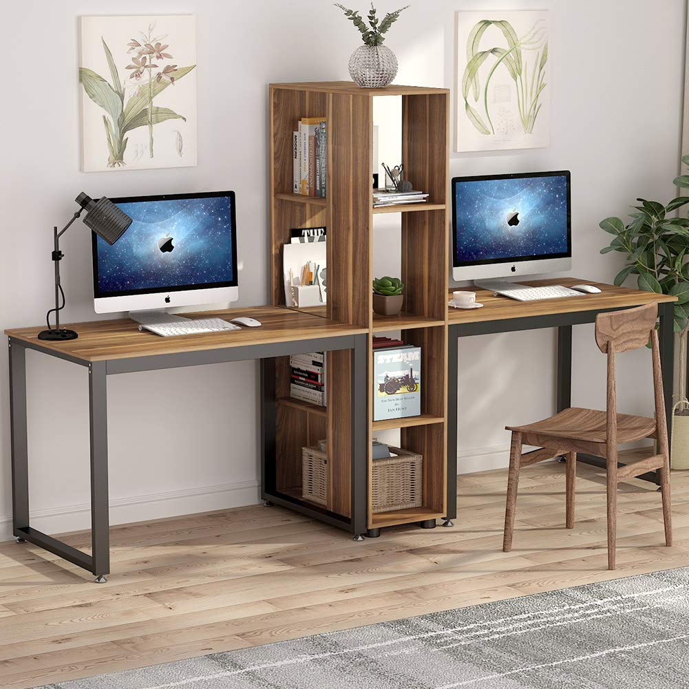 Tribesigns 91 inch Two Person Desk with Storage Shelves, Extra Long Double Desk with Bookshelf, 2 Person Computer Desk Double Workstation Desk for Home Office (Dark Walnut)