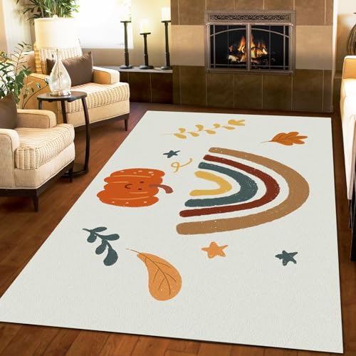 Teounai Simple Fallen Leaf Pumpkin Star Children's Rug, Creative Hand-Painted Art Versatile Decorative Rug, Area Rug Fluffy Plush with Non-Slip Backing, Very for Living Room Bedroom Study 5 x 6ft