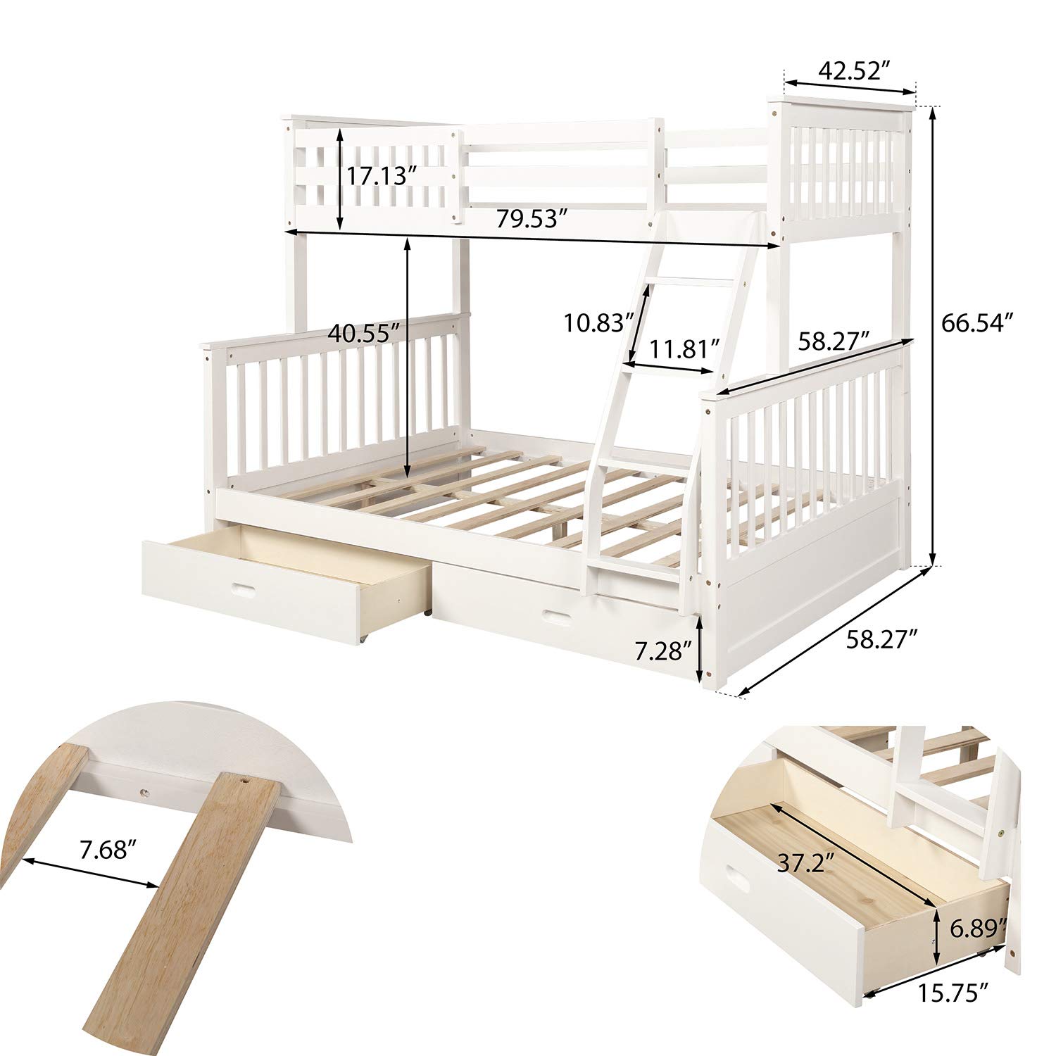Twin-Over-Full Bunk Bed with 2 Drawers, Twin Bunk Bed with Ladders, Bunk Bed for Kids, Teens Bedroom, Guest Room Furniture