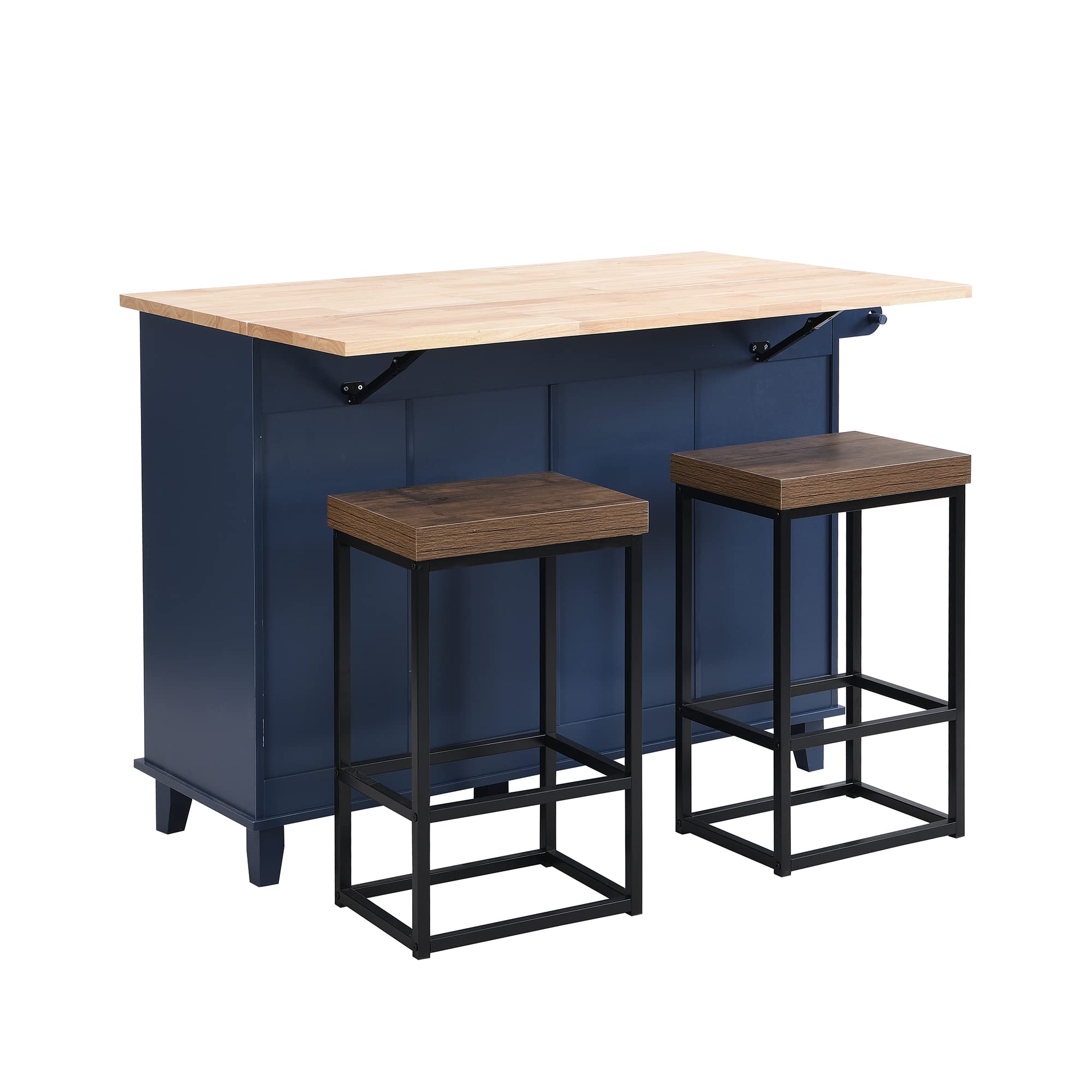 TARTOP Kitchen Island Set with 2 Stools, Solid Wood Dining Table with Drop Leaf Design, Storage Cabinet, Drawers and Towel Rack, 50.3" x 29.5",Blue