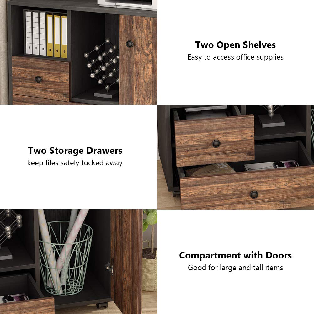 Tribesigns File Cabinet, Lateral Mobile Filing Cabinets with 2 Drawer Large Rolling Printer Stand with Wheels, Open Storage Shelves and Door for Home Office