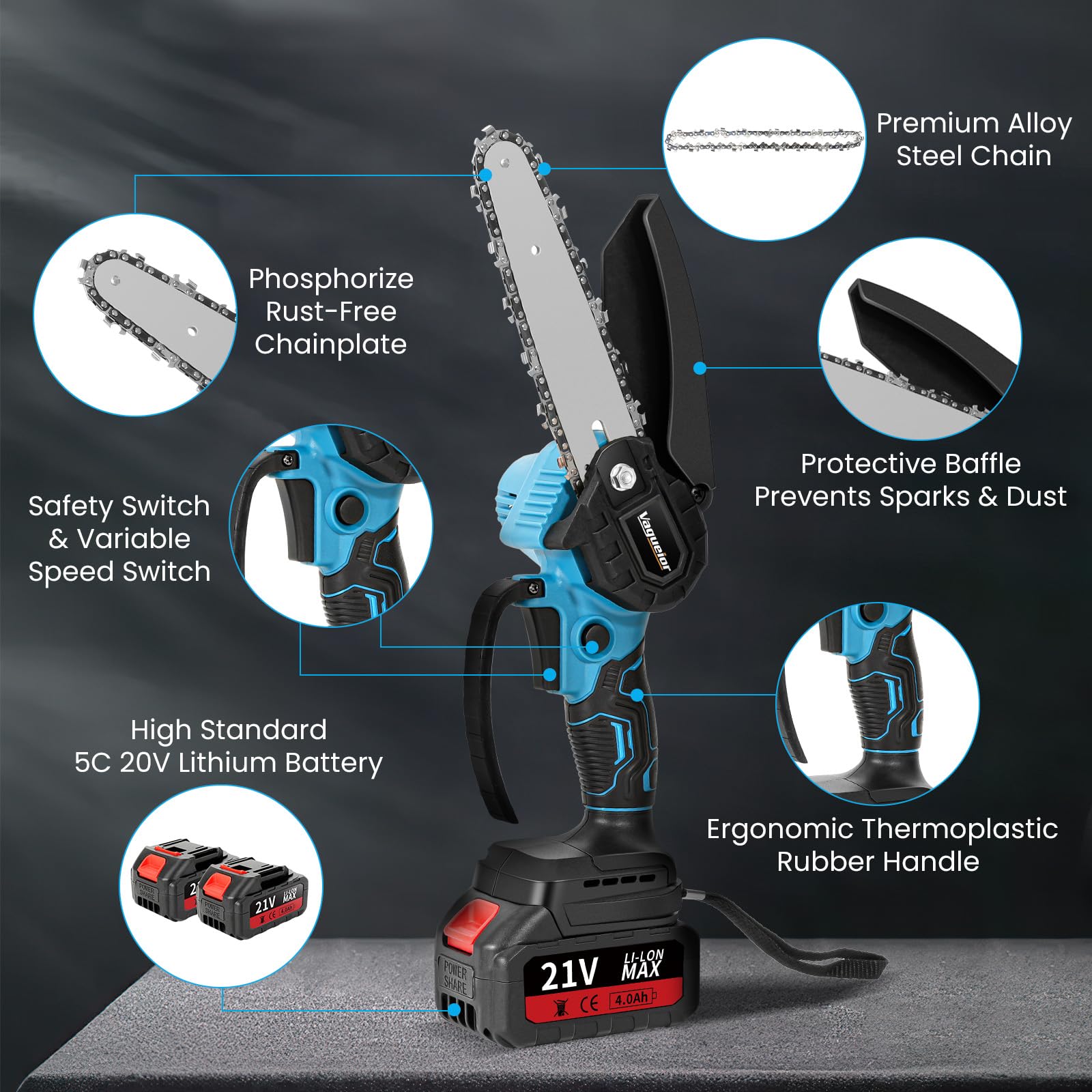 VAGUEIOR Mini Cordles Chainsaw, Handheld Convenient Chainsaw, 6 Inches, With Two 21V 4.0AH Large Battery And Charger, Suitable For Tree Pruning And Cutting,(BLUE, 2 Battery)