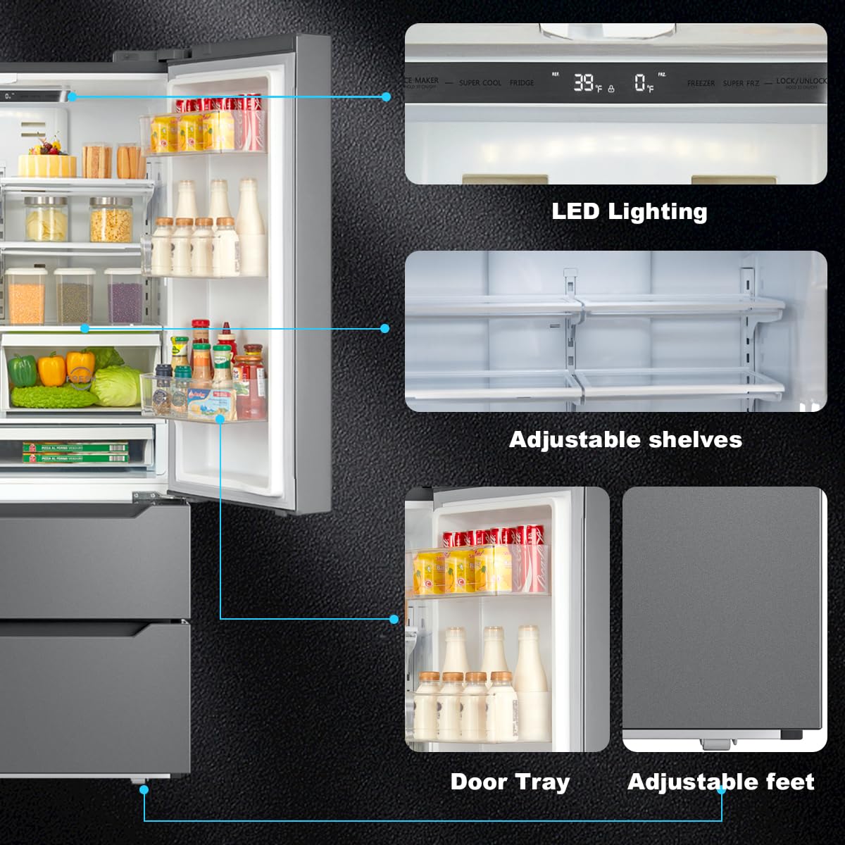 SMETA 36 Inch Side-by-Side Refrigerator 26.3 cu ft Freestanding with Auto Ice Maker and Water Dispenser Large Capacity Refrigerator for Home, Stainless Steel