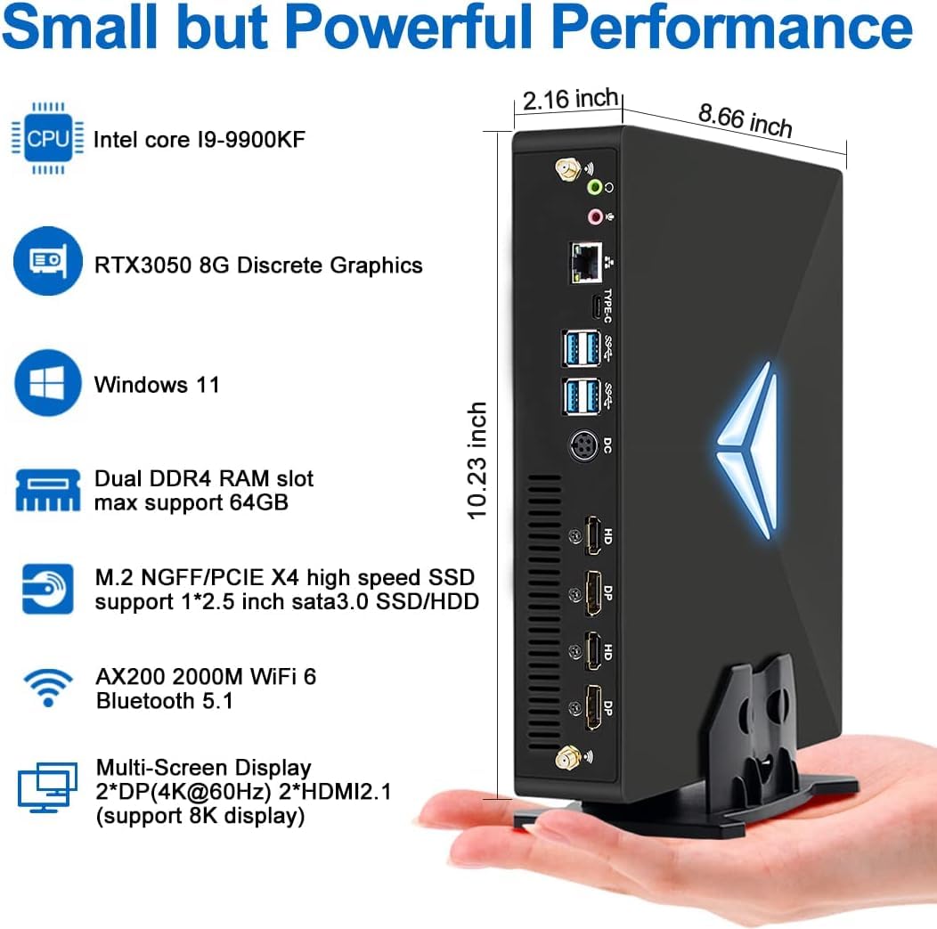Thdeukoty Mini Desktop PC i9-9900KF Windows 11 Pro, Gaming Computer GeForce RTX3050 8G, 32G DDR4 RAM 128G NVME SSD 1T HDD, 8K, HDMI*2, DP*2 Four Display, WiFi6 Bluetooth 5.1 for Gaming/Design