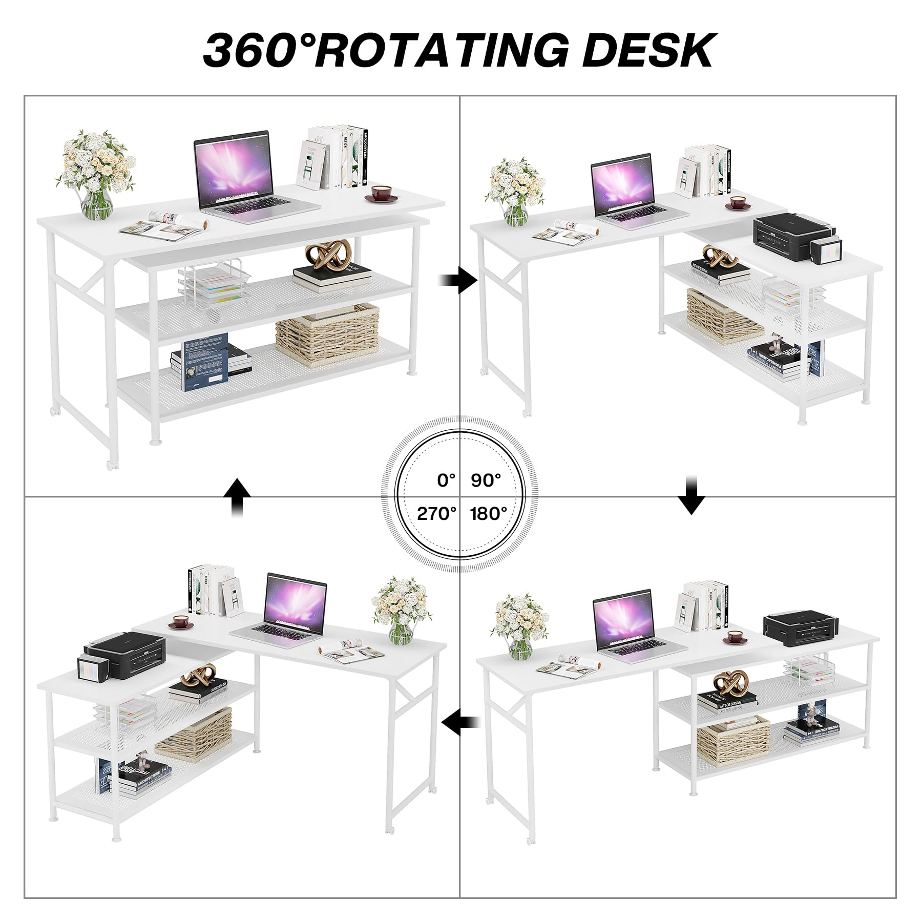 Tribesigns Modern L-Shaped Desk with Storage Shelves, 360°Rotating Desk Corner Computer Desk Study Writing Table Workstation with Open Shelves for Home Office, High Glossy Finish (Black)