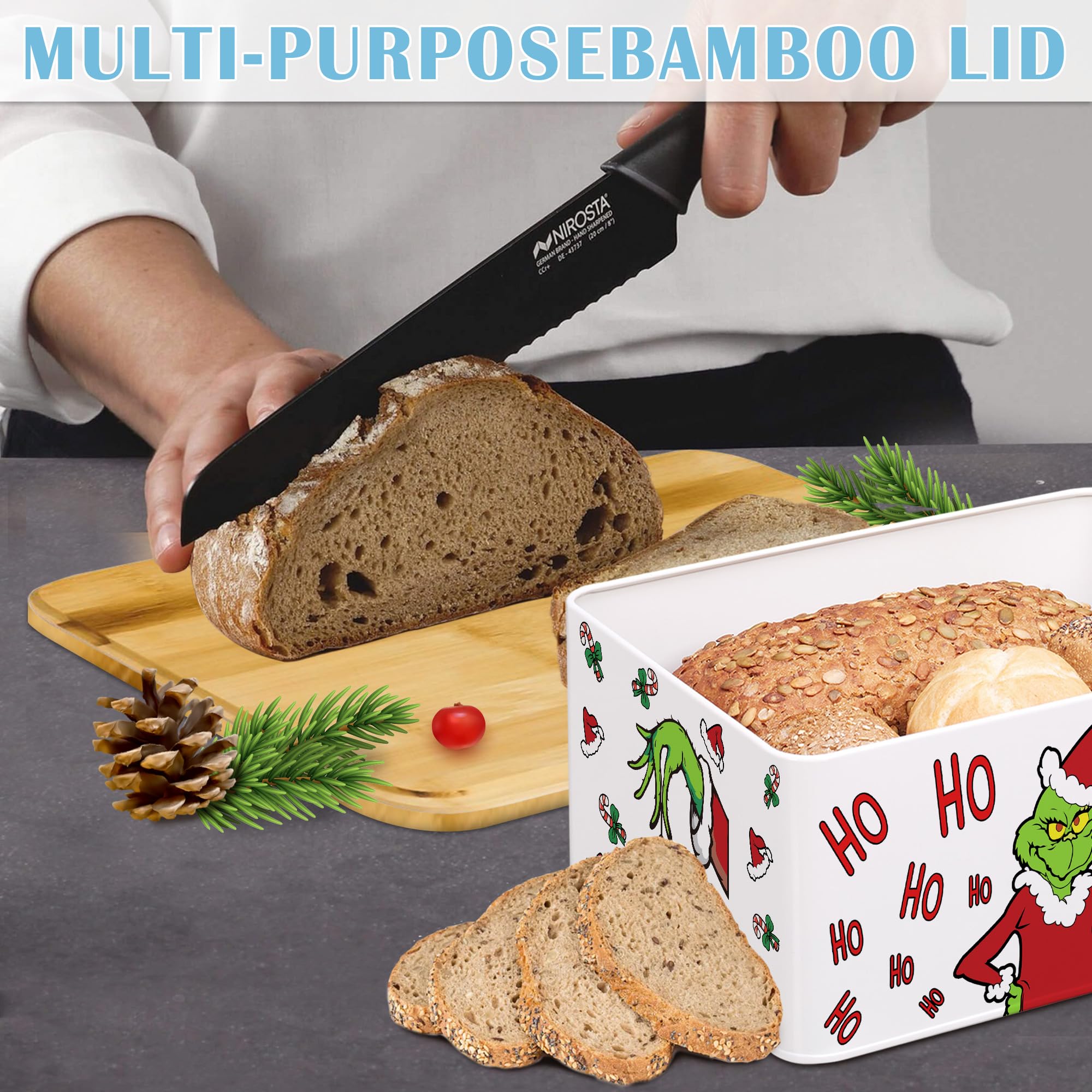 Two Bros. Repellent NOVIIML ead Box with Bamboo Cutting Board Lid, Modern Metal Bread Storage Container for Christmas Kitchen Decor, Christmas Kitchen Table Decorations Indoor Dining Room, for Women