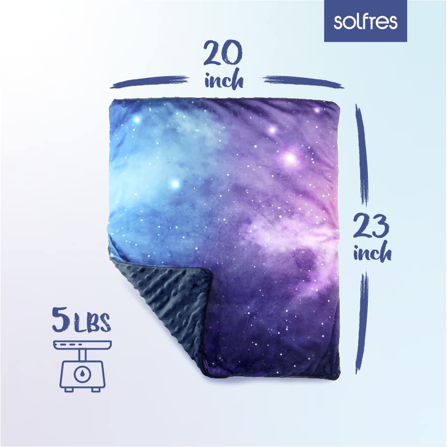 Solfres Small Weighted Lap Pad Blanket Throw for Kids Boys Teens 20in x 23in 5 Lbs - Sleep Therapy Plush Travel Size with Removable Cover, Galaxy Space Stars, Washable, Dark Blue