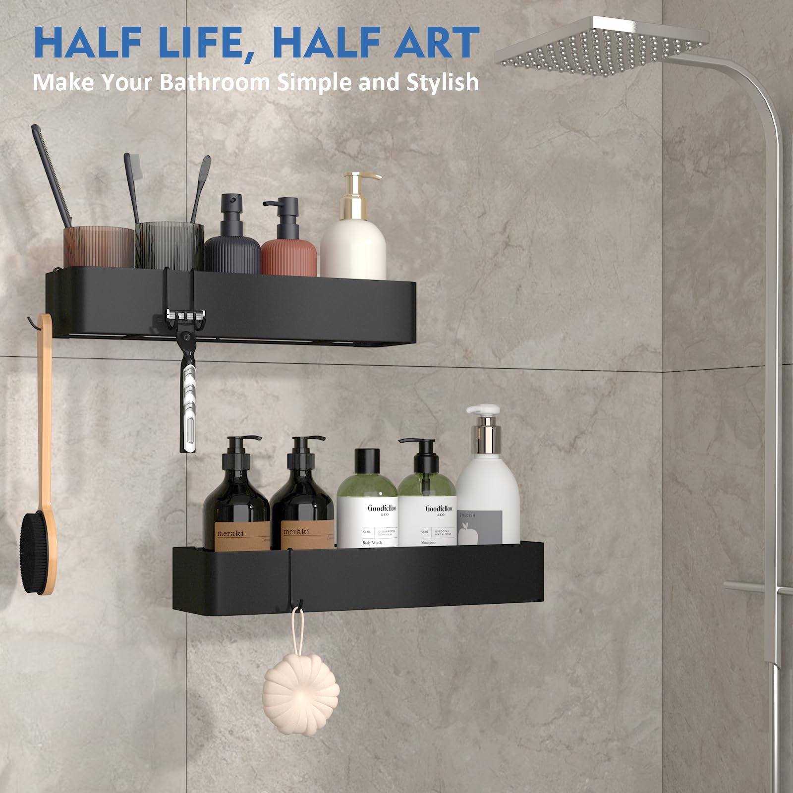 Shower Caddy-2 Pack Large Rustproof Stainless Steel Shower Shelves For Inside Shower, Self Adhesive Shower Organizer For Bathroom Wall Storage, Black Shower Rack, No Drilling Shower Shample Holder