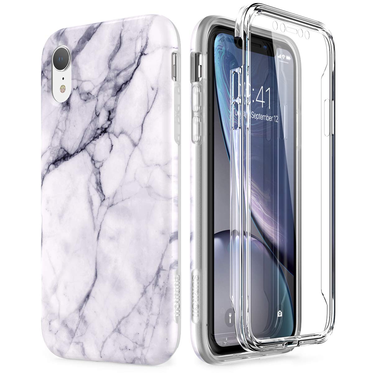 SURITCH Case for iPhone XR, [Built-in Screen Protector] Gold Marble Full-Body Protection Shockproof Rugged Bumper Protective Cover Compatible with iPhone XR 6.1 Inch (Gold Marble)