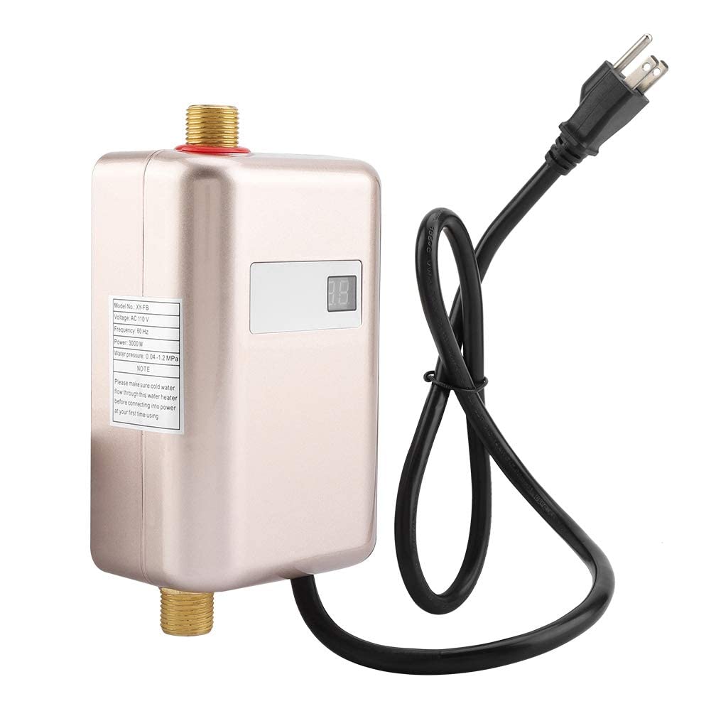Tankless Water Heater - 3000W Mini Electric Instant Water Heater Under Sink with LCD Display for Home Kitchen Washing US Plug 110V, 7.87 x 4.13inch Wall Mounted (Gold) 30-55℃