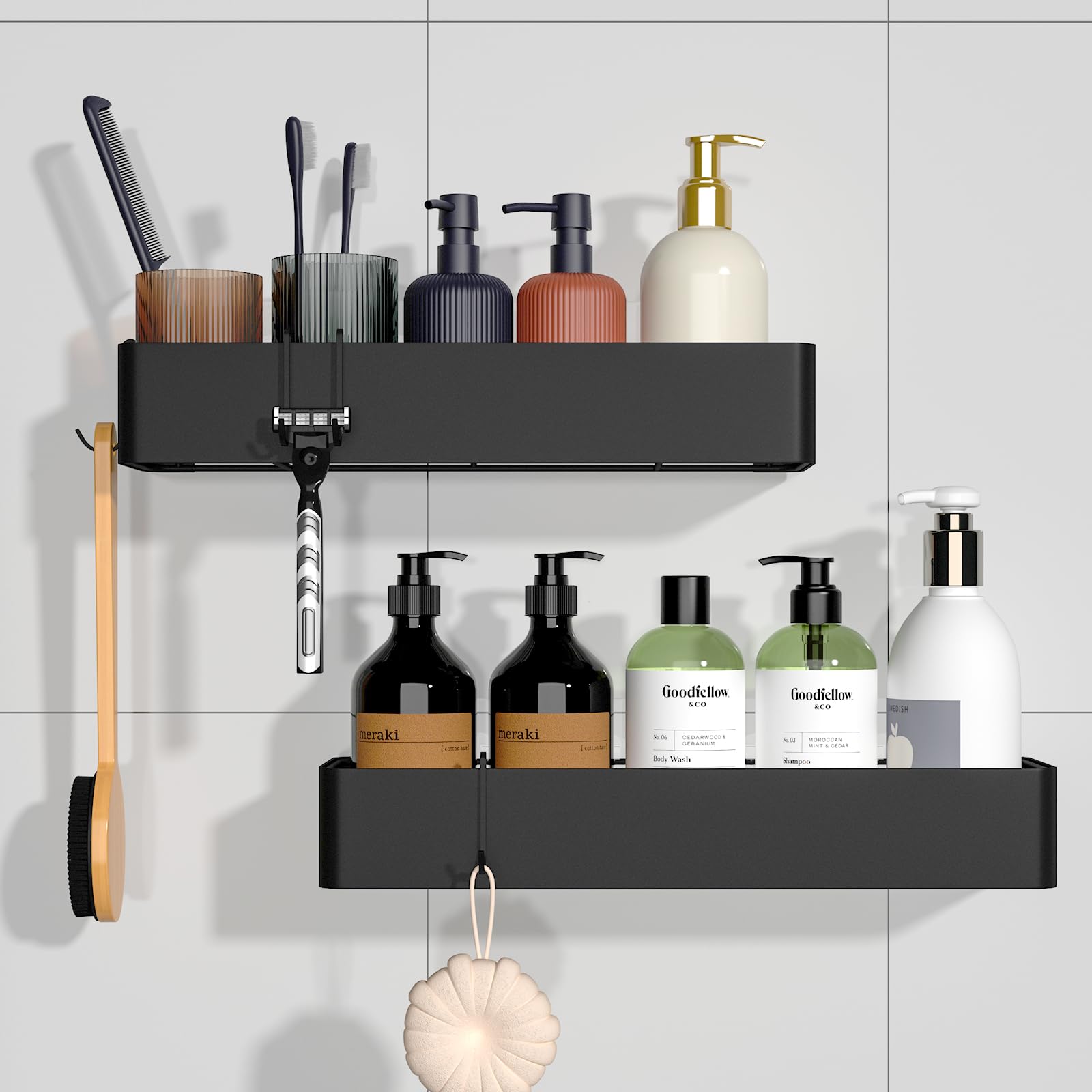 Shower Caddy-2 Pack Large Rustproof Stainless Steel Shower Shelves For Inside Shower, Self Adhesive Shower Organizer For Bathroom Wall Storage, Black Shower Rack, No Drilling Shower Shample Holder