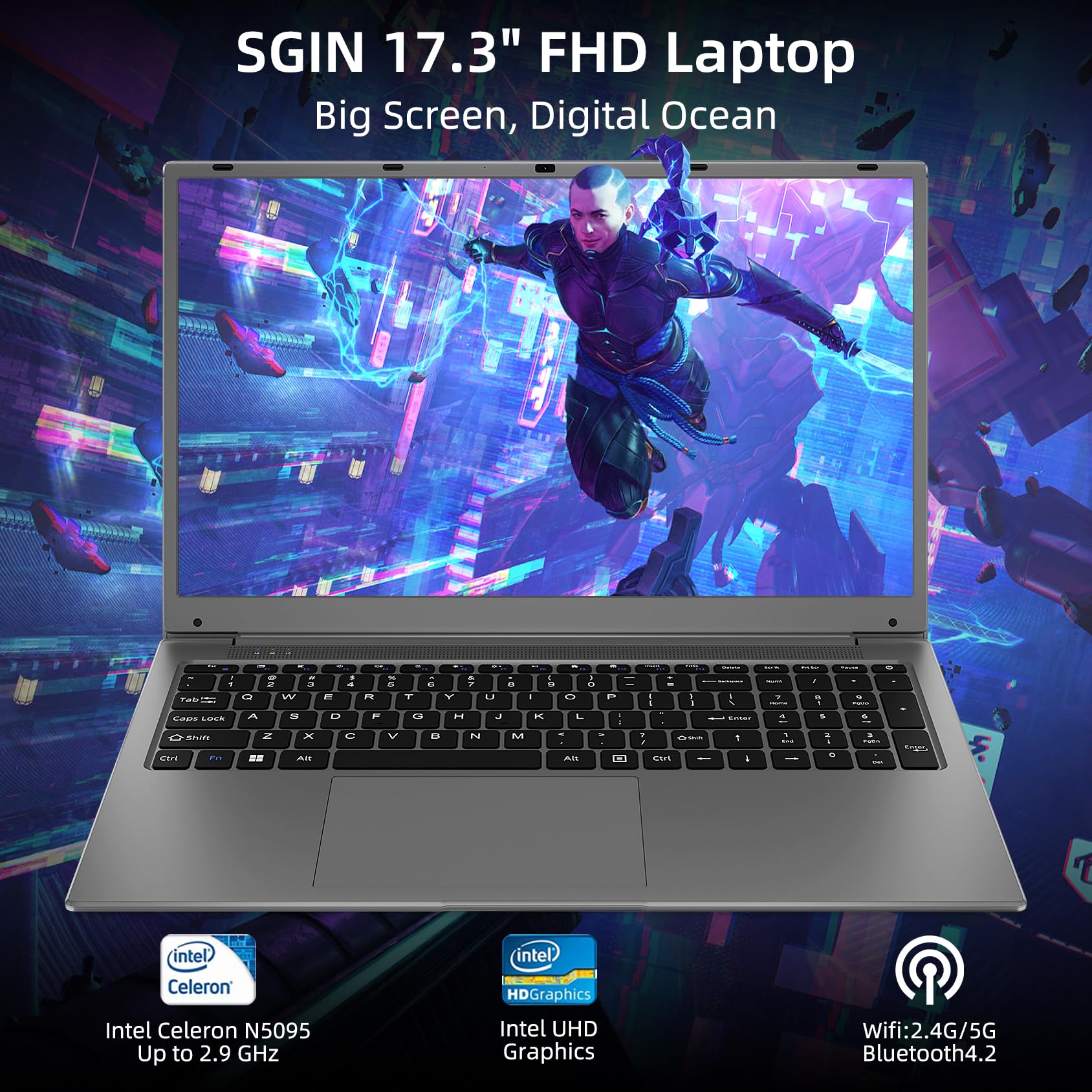 SGIN 17 Inch Laptop, 8GB RAM 256GB SSD Notebook Computer with Intel Celeron Quad Core Processor, IPS FHD Display, Webcam, Dual Wi-Fi, Buletooth 4.2, Mini HDMI, USB 3.0 (Gray)