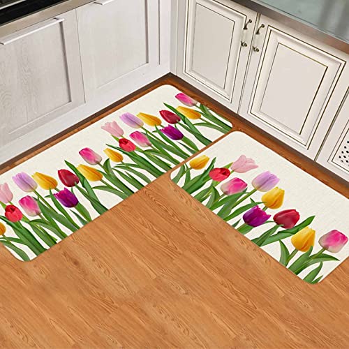 ZOE GARDEN 2 Pcs Kitchen Rug Set, Retro Spring Flower Non-Slip Kitchen Mats and Rugs Comfort Floor Door Mat Doormat, Tulip Floral Red Purple Yellow Throw Bath Runner Rug Mat