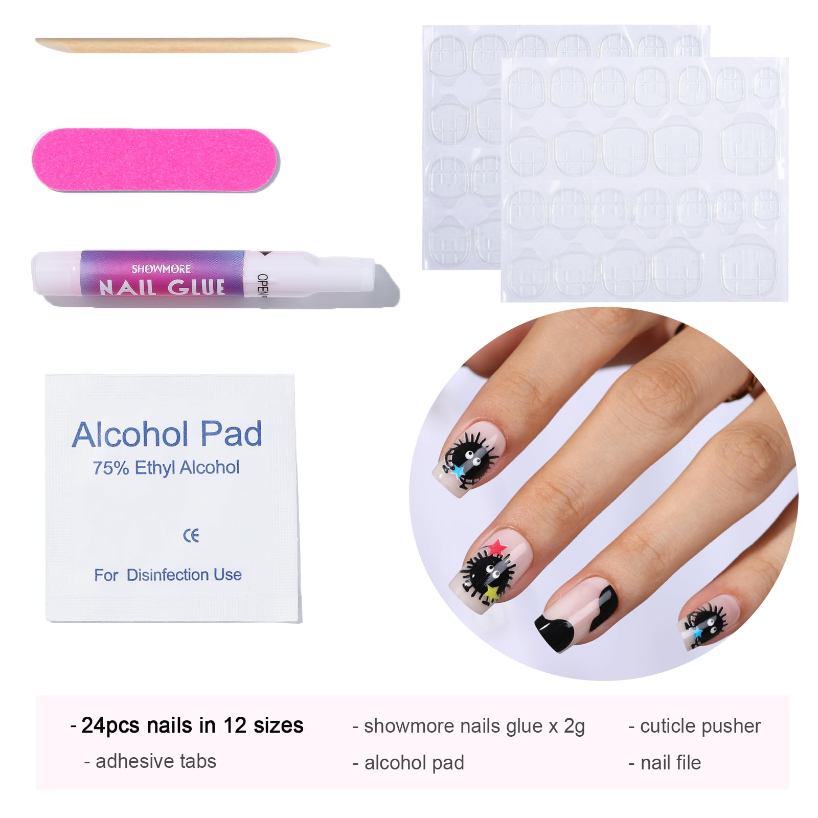 showmore Short Press On Nails - Halloween Acrylic Nails Press On Soot Sprite Cute Goth Fake Nails Medium Square False Nails with Design Glue On Nails Stick On Nails by, 24 Nails with Nail Glue