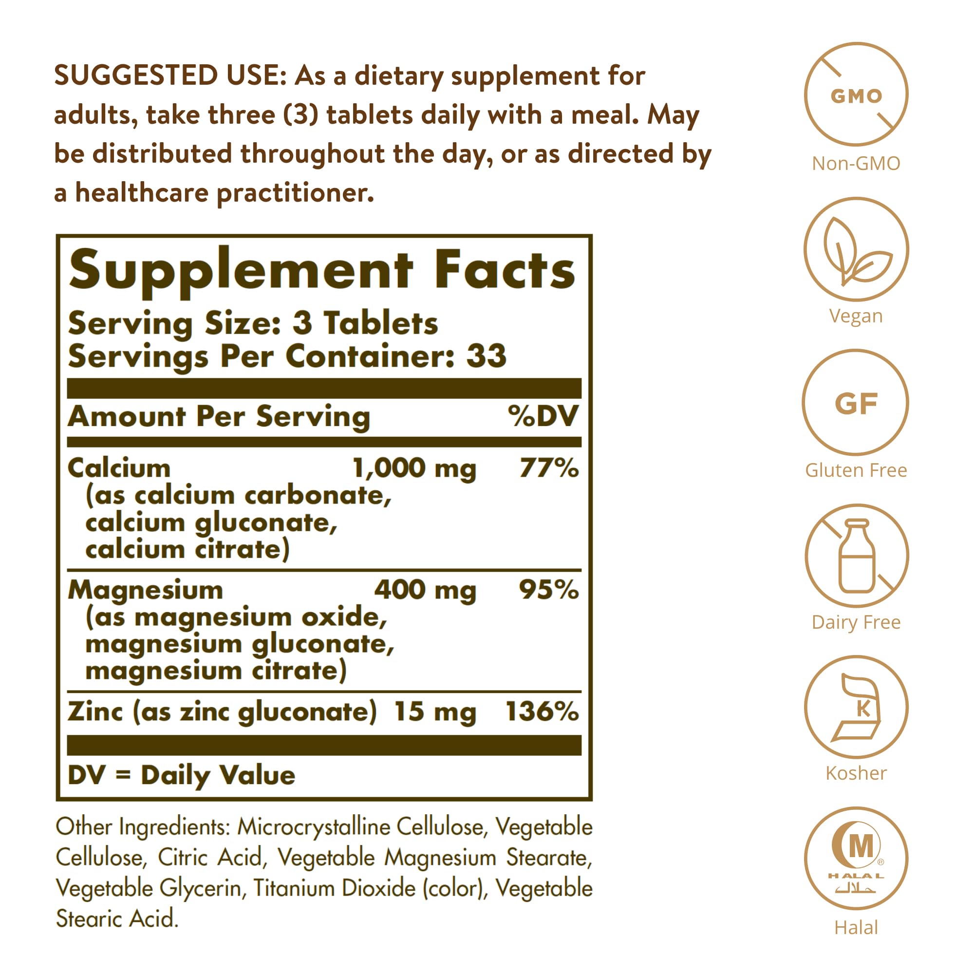 Solgar Calcium Magnesium Plus Zinc, 100 Tablets - Promotes Healthy Bones and Teeth - Supports Nerve & Muscle Function - Non GMO, Vegan, Gluten Free, Dairy Free, Kosher, Halal - 33 Servings