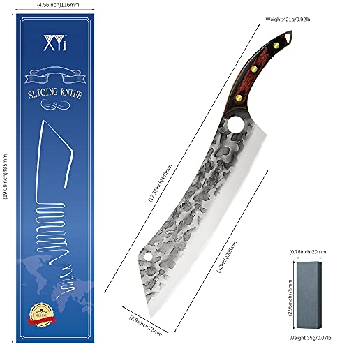 XYJ Full Tang 12 Inch Long Knife Finger Hole Design Stainless Steel Extra Long Blade Ergonomic Wood Handle Japanese Chef Vegetable Knife For Cutting Cake Watermelon Brisket