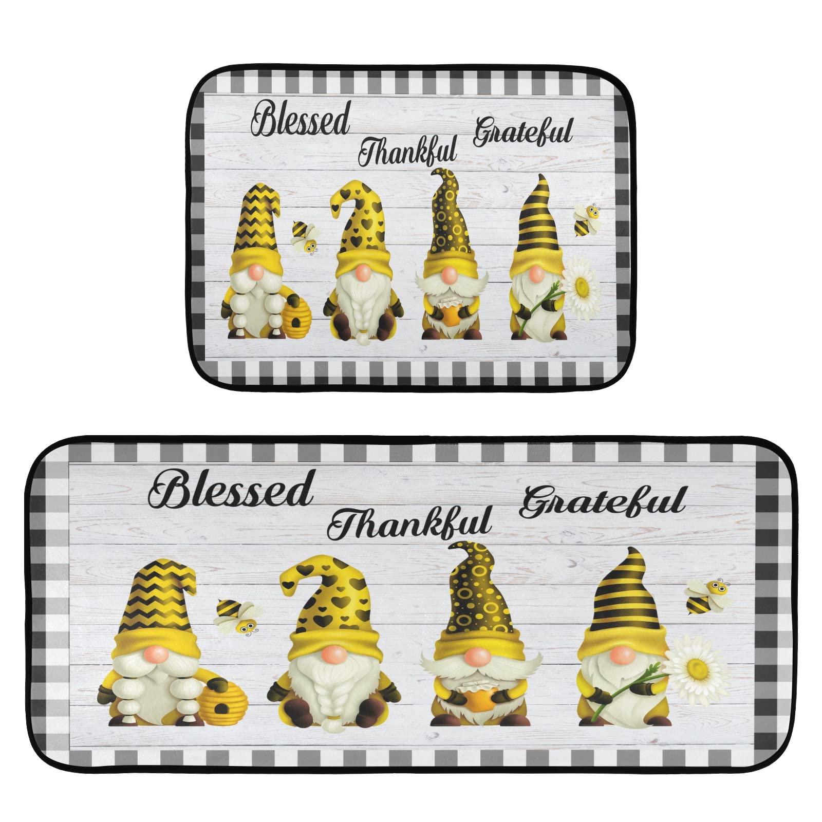 ZOEO Kitchen Mats Gnomes Set of 2 Bee Sunflower Farmhouse Floor Rug Memory Foam Shower Runner Absorbent Non Slip Light for Home Hotel Door Laundry Thick Soft Washable