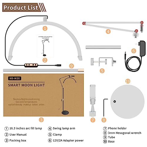 TwoWin Half Moon Lash Light, 2 in 1 Adjustable LED Lash Light Desk Lamp for Eyelash Extensions, Tattoo Lighting, Nail Tech, Standing Bright Floor Lamp, Esthetician Eyelash Light with Phone Holder
