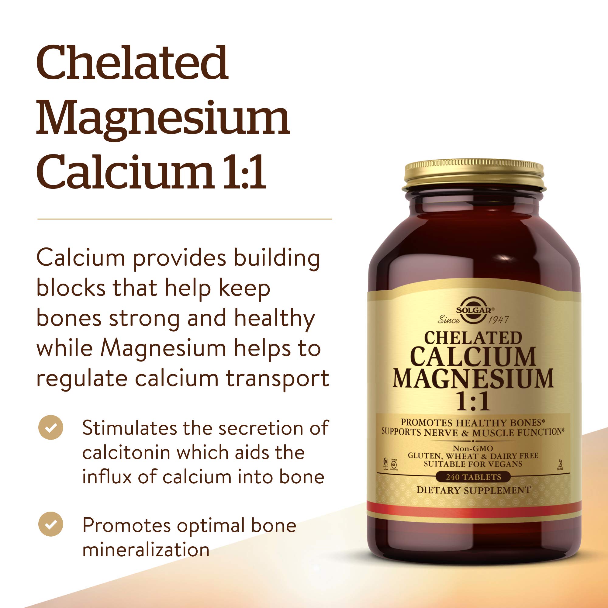 Solgar Chelated Calcium Magnesium 1:1, 240 Tablets - Promotes Healthy Bones - Supports Nerve & Muscle Function - Non-GMO, Vegan, Gluten Free, Dairy Free, Kosher, Halal - 60 Servings