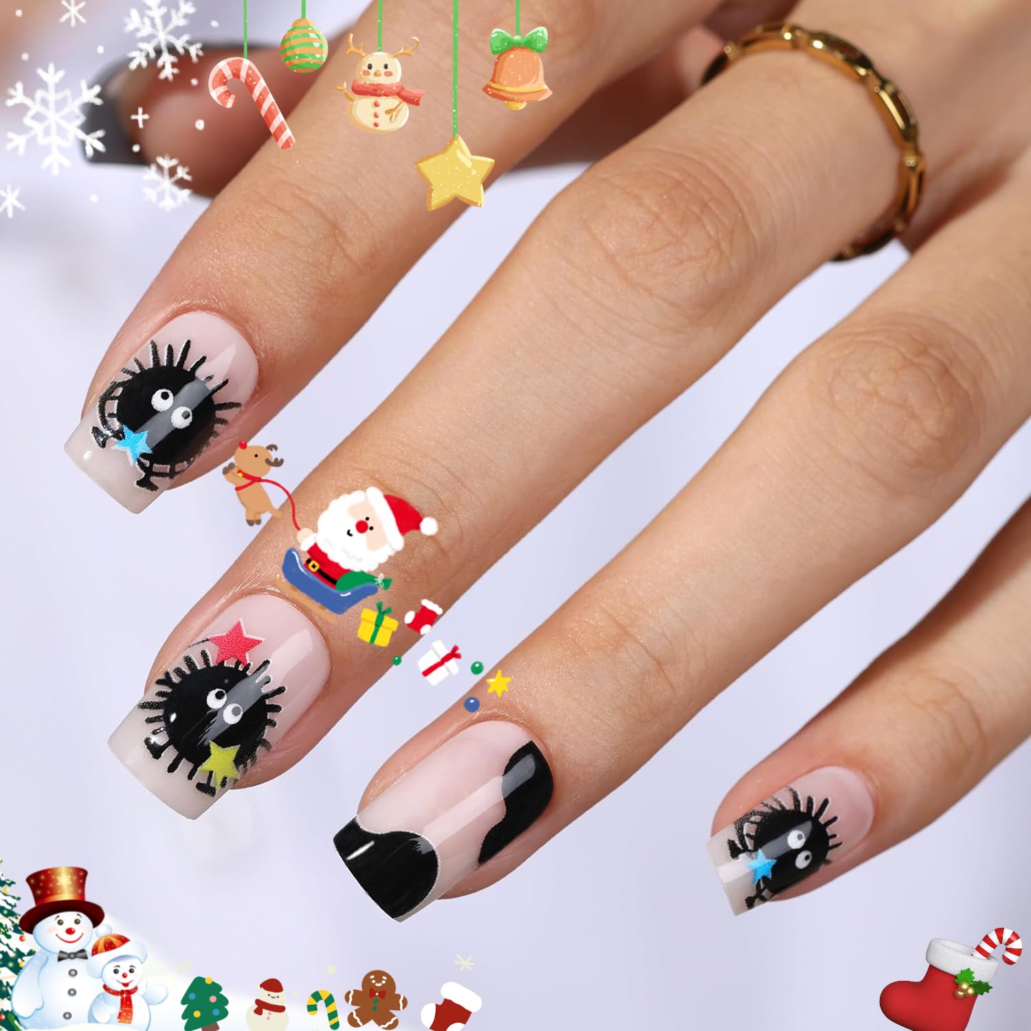 showmore Short Press On Nails - Halloween Acrylic Nails Press On Soot Sprite Cute Goth Fake Nails Medium Square False Nails with Design Glue On Nails Stick On Nails by, 24 Nails with Nail Glue