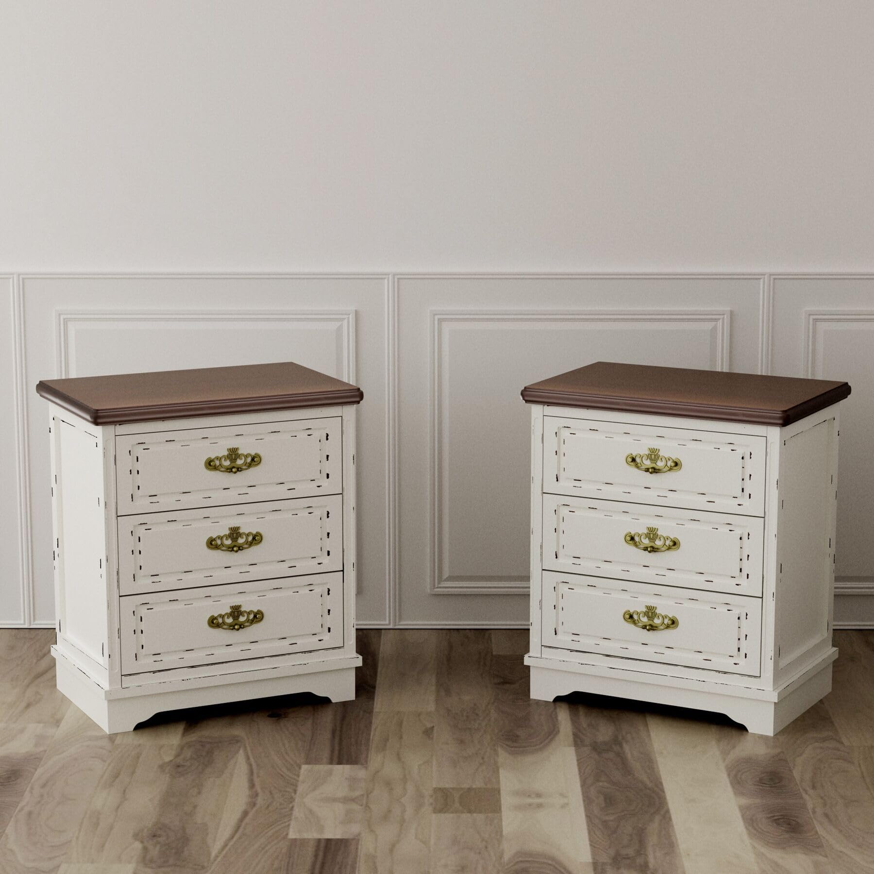 Set of 2 Antiqued Two-Tone 3 Drawer Nightstand, Side End Table Bedside Table with USB and Distressed Finish, 23.5 Inch Vintage Bedside Table for Bedrooms, Living Room