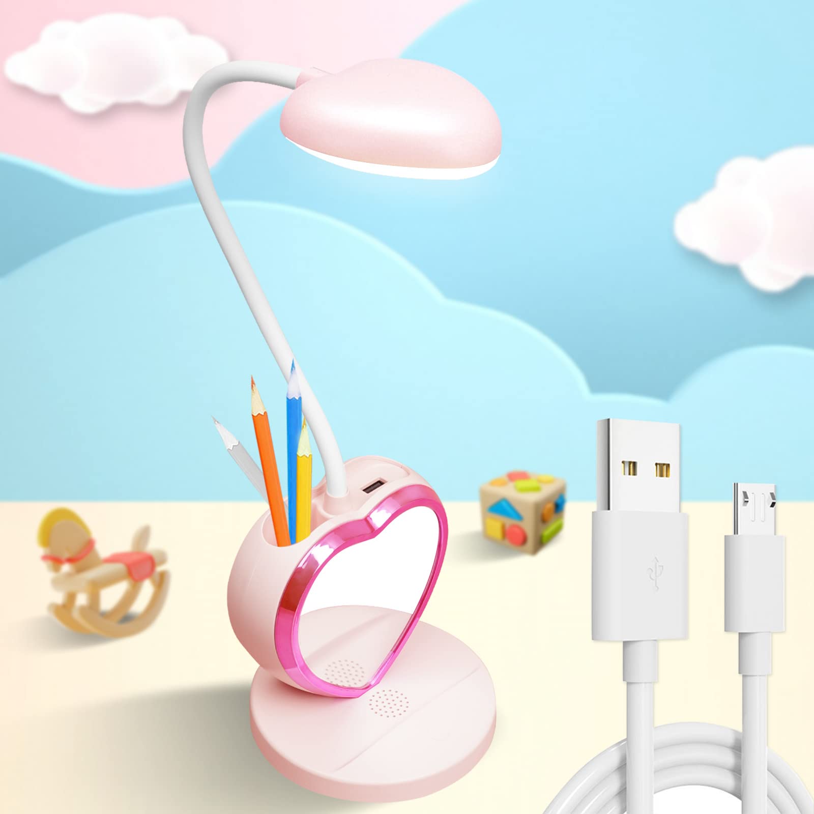 Wofifly Pink Desk lamp for Kids,Girls Cute LED lamp with USB Charging Port and Pen and Cell Phone Holder 2 Color Modes Eye Care Study Desk lamp Suitable for Girls College Dormitory Bedroom Reading