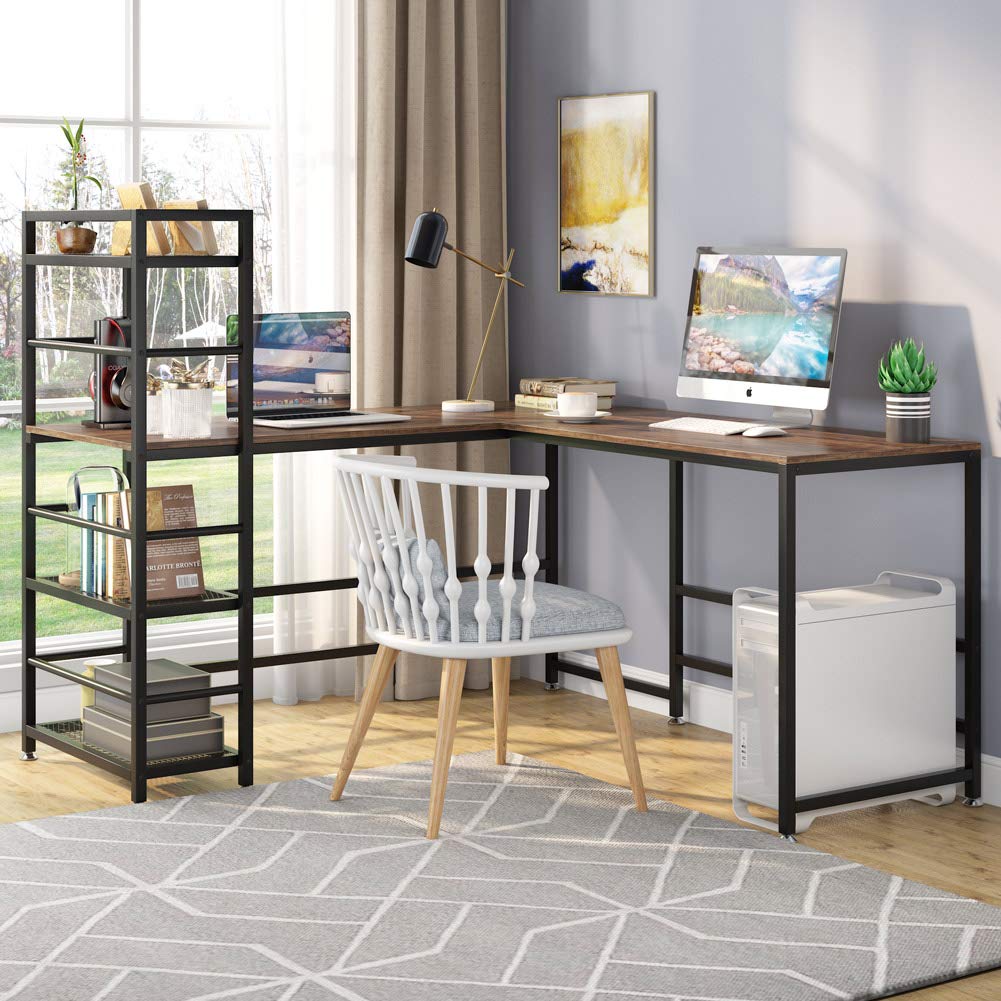 Tribesigns 59 Inch L Shaped Computer Desk, Corner Desk with 4-Tier Storage Shelves, Rustic L-Shaped Desk with Bookshelves for Home Office, Writing Study Workstation PC Gaming Table L Desk (Walnut)