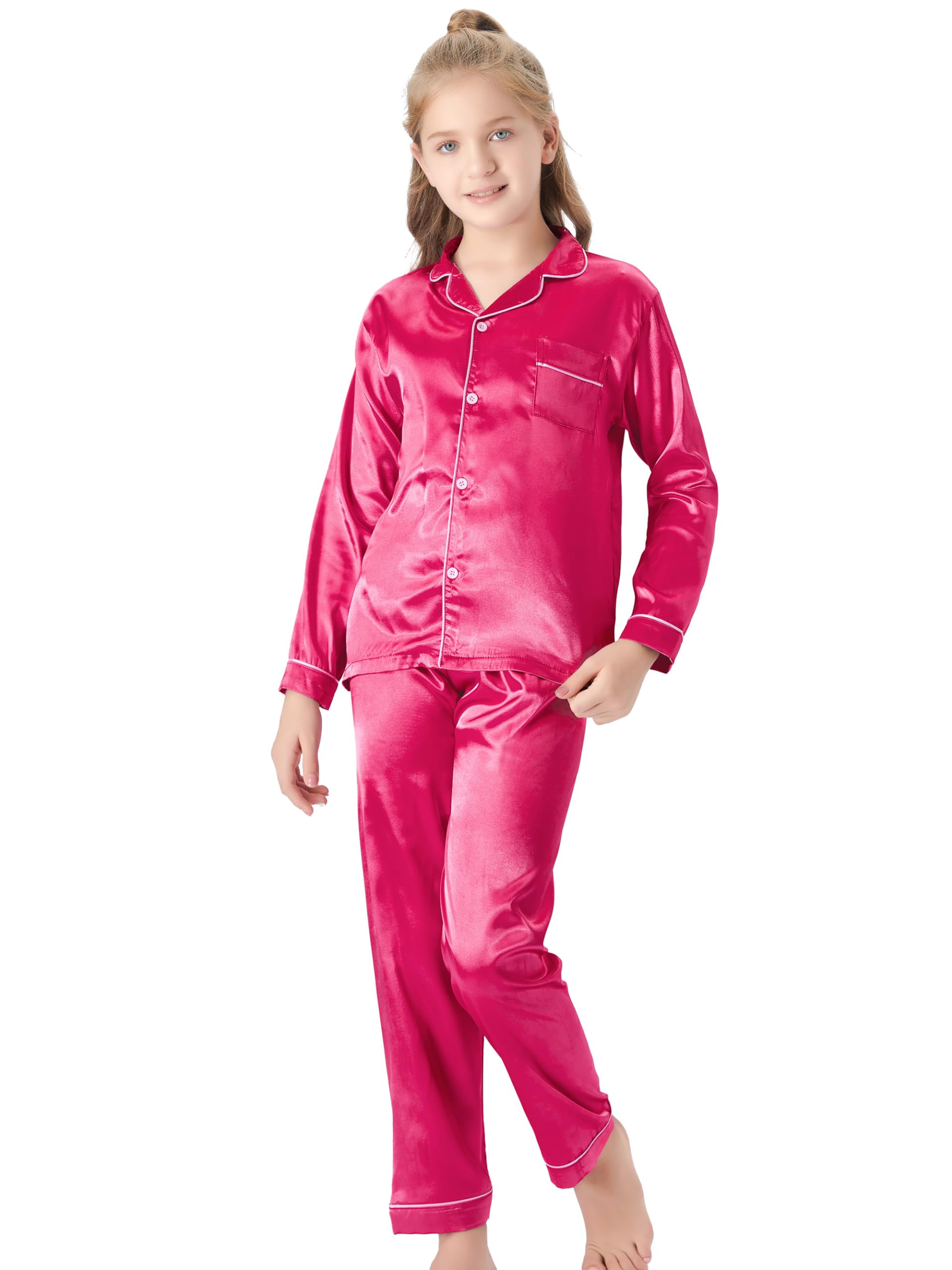 Topgal Cute Hot Pink Pajama Set for Girls β Satin Silky Long Sleeve & Pants Button Down PJ Set Size 10