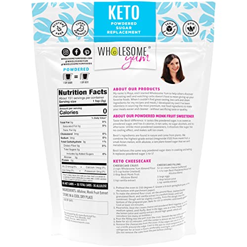 Wholesome Yum Besti Natural Powdered Sugar Substitute - Confectioners Monk Fruit Sweetener Blend With Allulose (No Erythritol) - Keto, Non GMO, Zero Carb, Zero Calorie, No Aftertaste (1 lb)