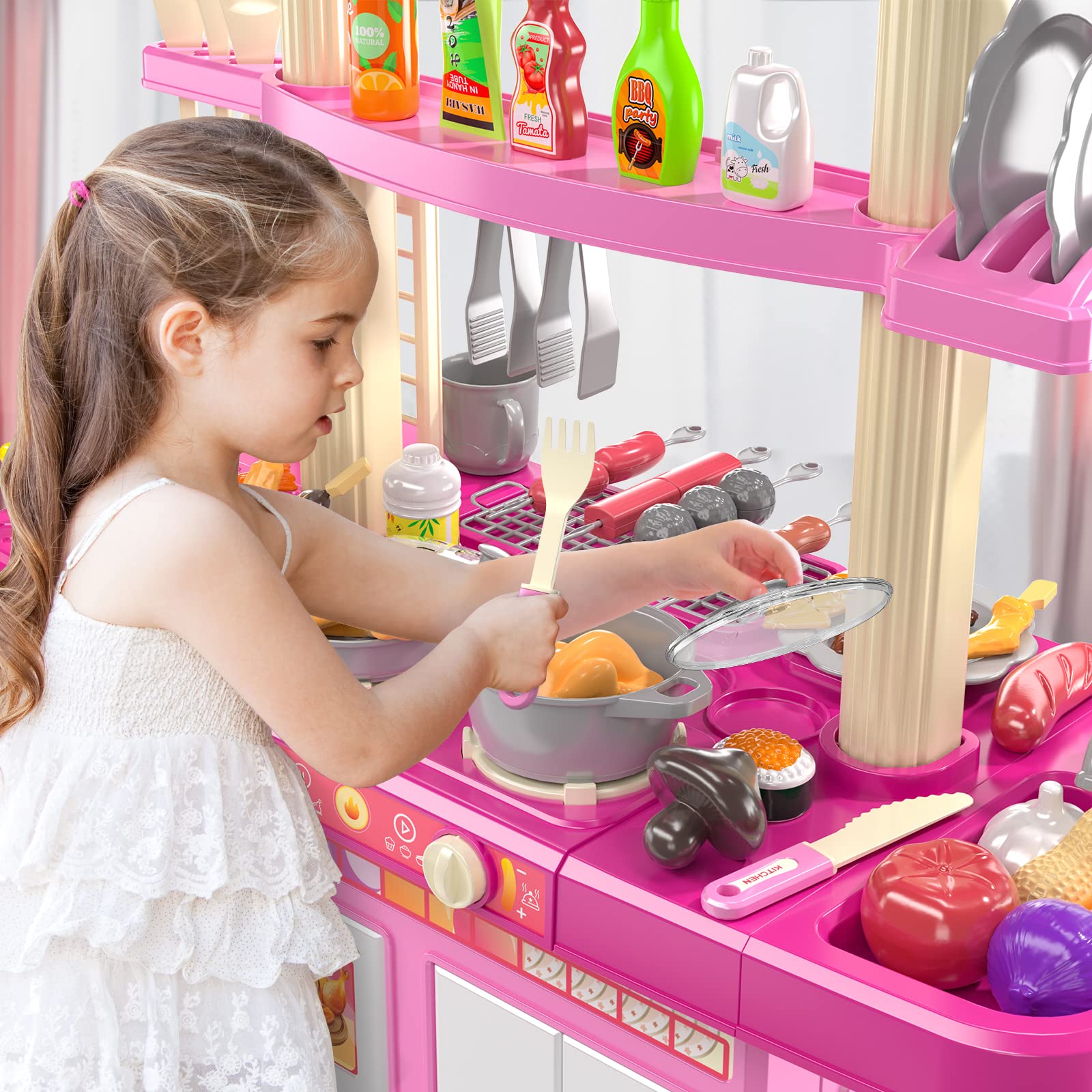 TEMI 2-in-1 Kitchen & Grill Playset for Kids - With 60-Piece Accessories, Sounds & Lights | Pretend Play Kitchen Set for 3+ Year Old Girls & Boys