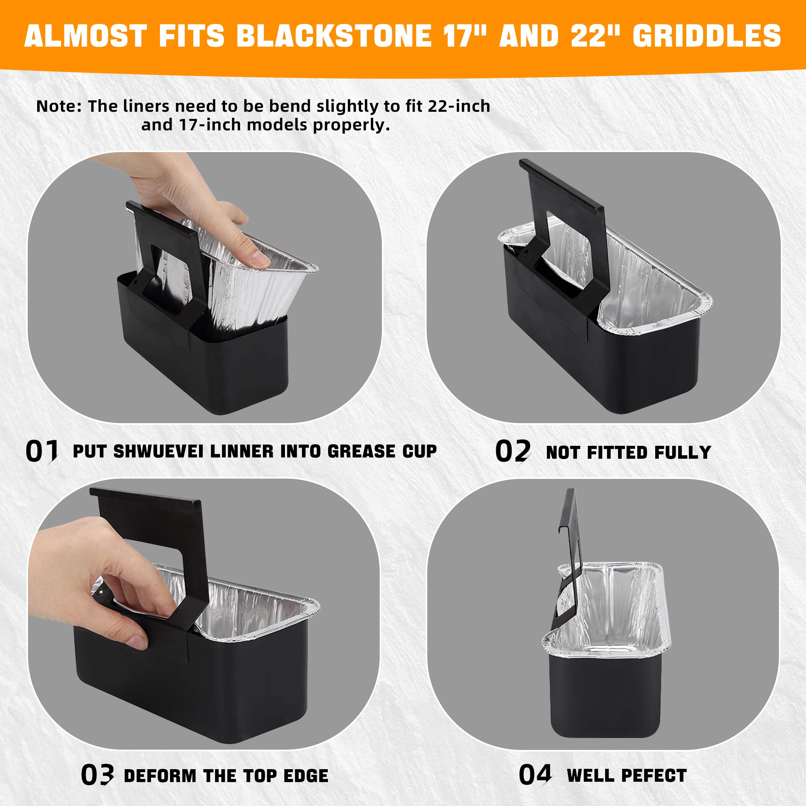 Shwuevei 50 Pack Blackstone Grease Cup Liners, Aluminum Foil Drip Pan Liners for 17'' 22'' 28'' 36Inch Blackstone Griddle, Griddle Grease Catcher Cup Liners, Blackstone Griddle Accessories