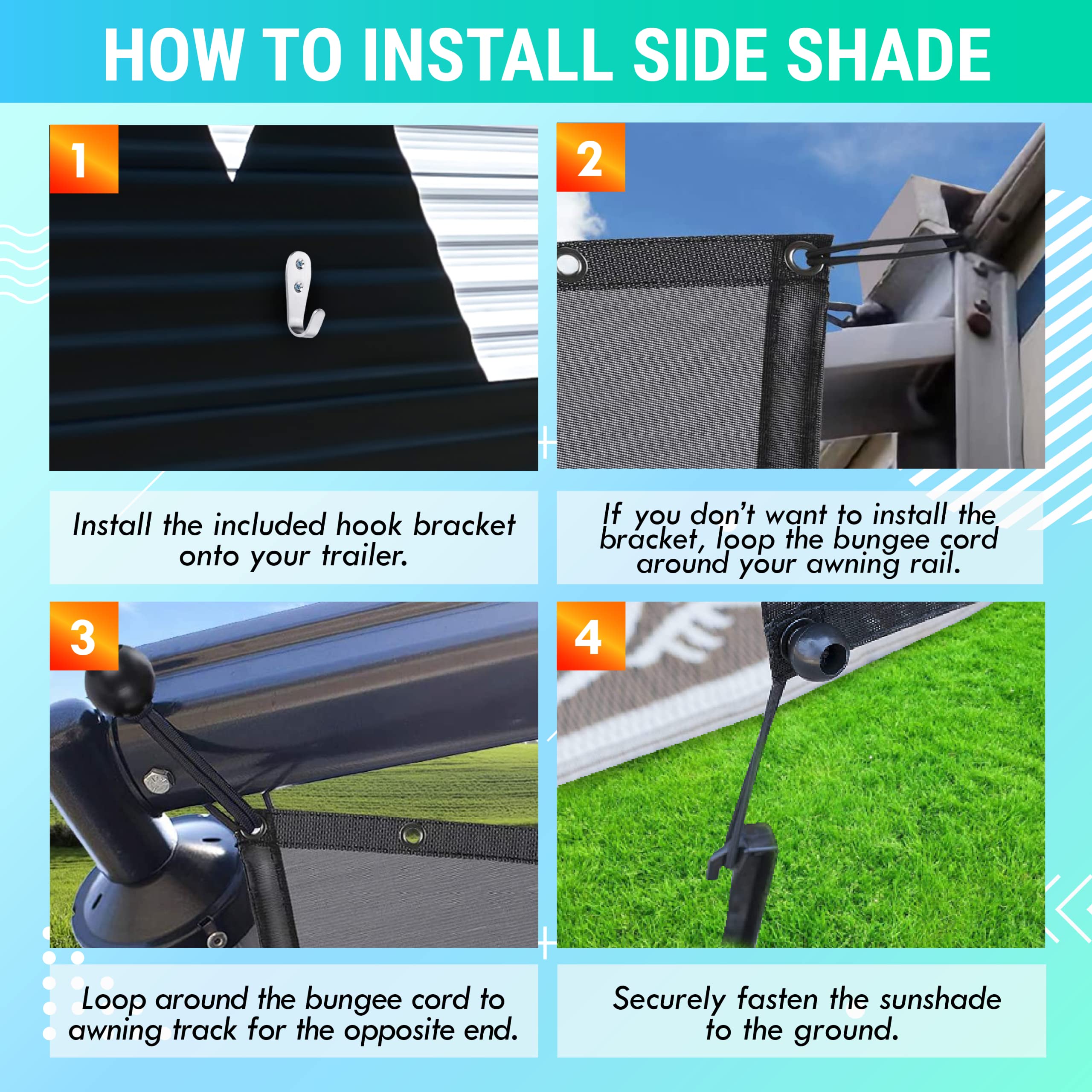 RV Sunscreen Shade for Awning V2.0 | 8’x15’3” | Front RV Screen Awning + Metal Anchor Kit | RV Awning Sun Blocker | Zippered RV Awning Shade Screen | Wind Protection, Shade & Privacy!