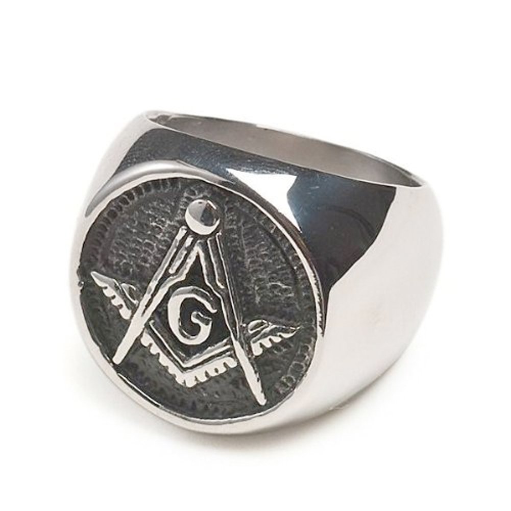 Round Chiseled Stainless Steel Freemason Ring/Masonic Ring with Black Stone & CZ. Freemason's Jewelry Masonic Rings Free Masonry Member. Free Masons Masonary Ring with Masonic symbol emblem (13)
