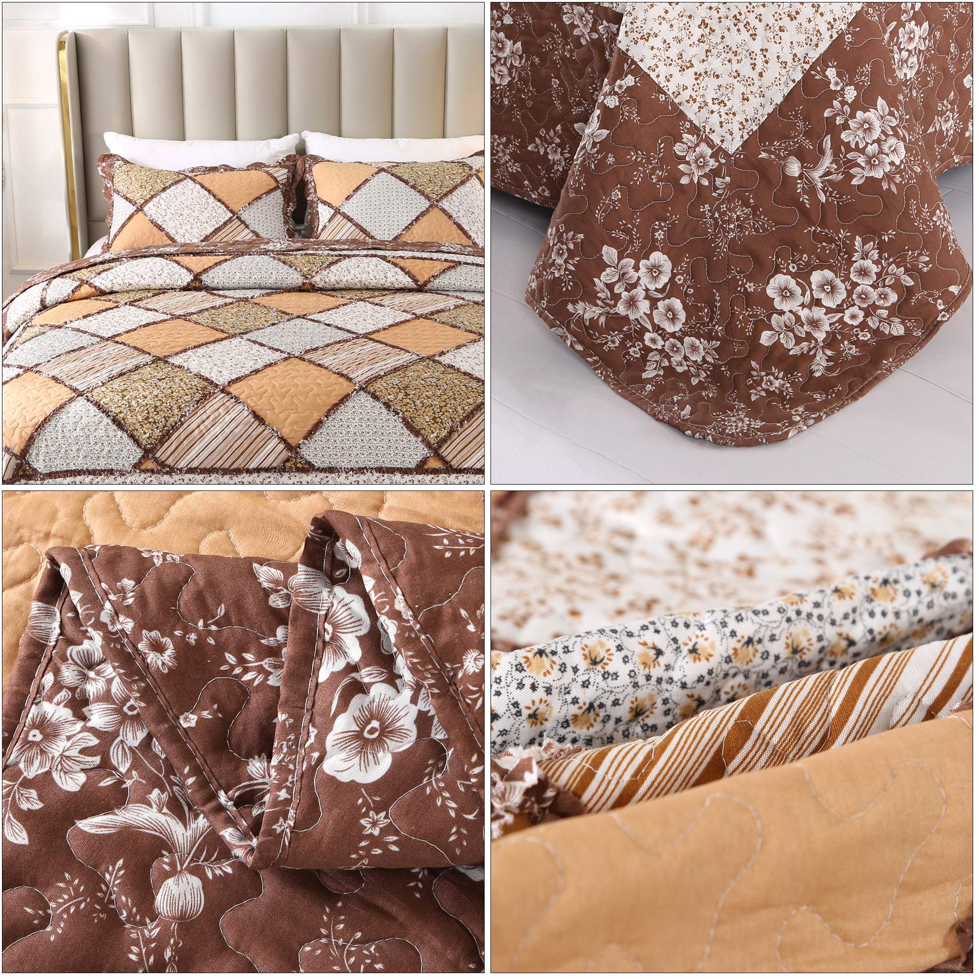 VIVILINEN Patchwork Quilt Set Queen Size 3-Piece Reversible Quilted Bedspread Coverlet Set Floral Stitched Comforter Bedding Set Bed Cover Throw Blanket with 2 Pillow Shams for All Season