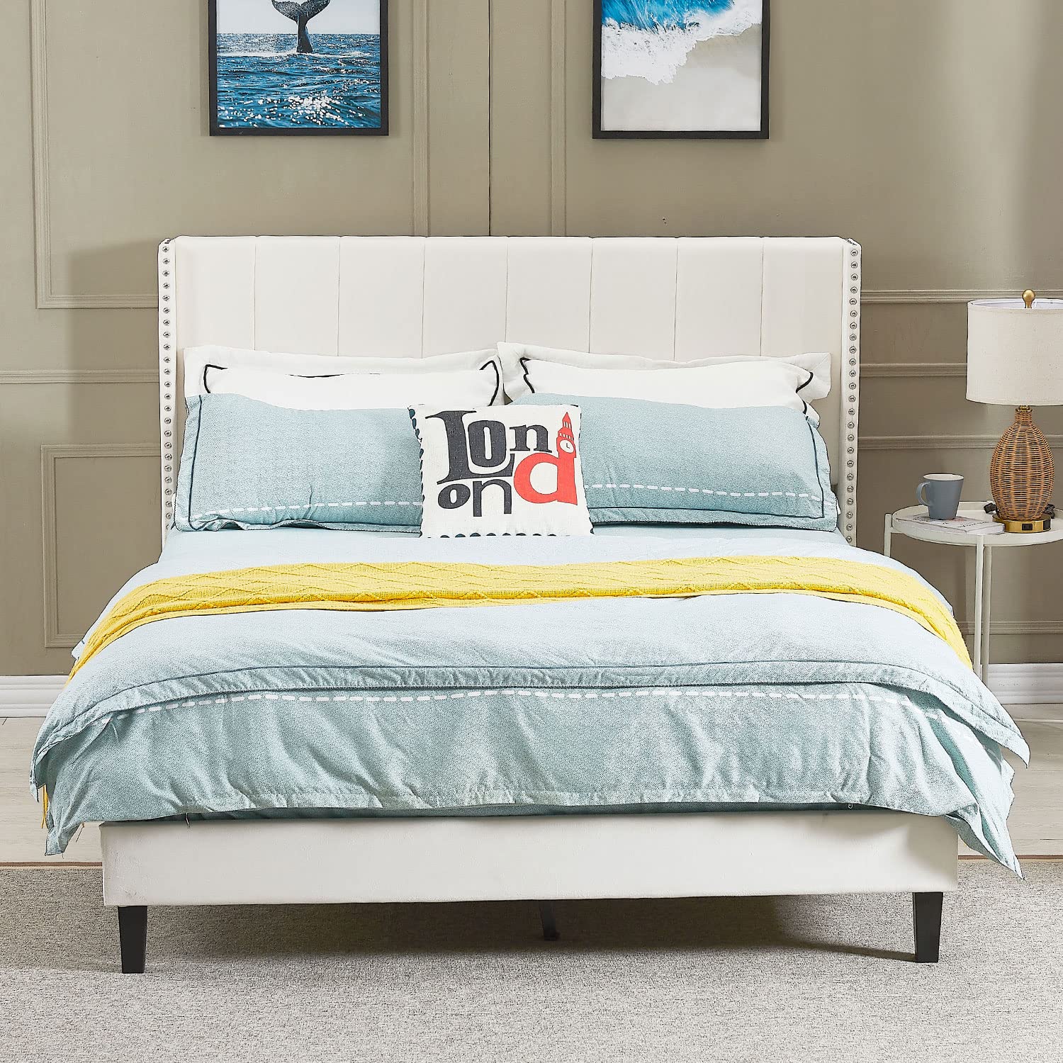 Royard Oaktree Queen Size Tufted Upholstered Bed Frame Low Profile Velvet Bed Frame Platform with Raised Wingback Headboard/No Box Spring Required/Wood Slat Support/Black
